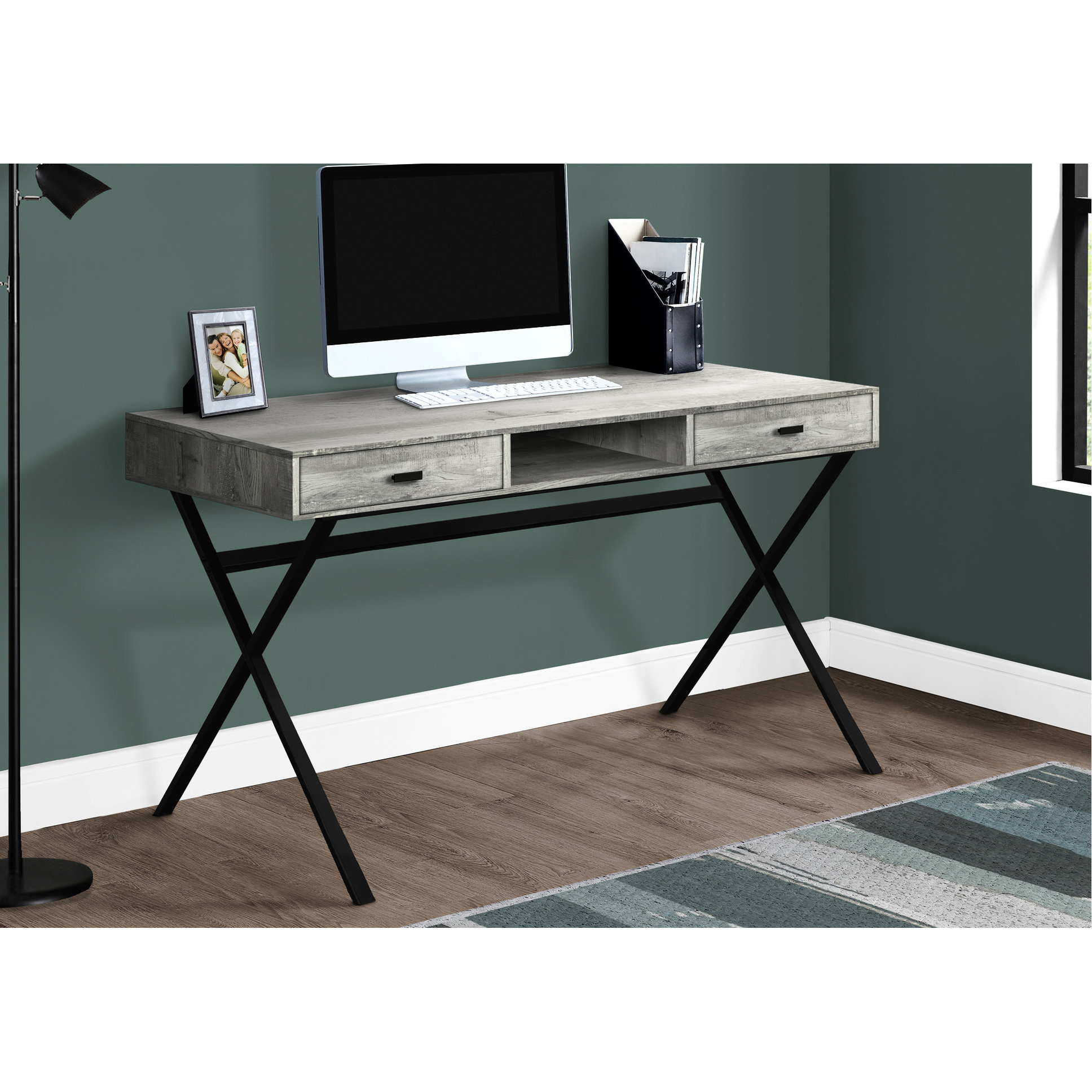 Latitude Run® Grey Laminate Work Desk With Black Metal Base For Home ...