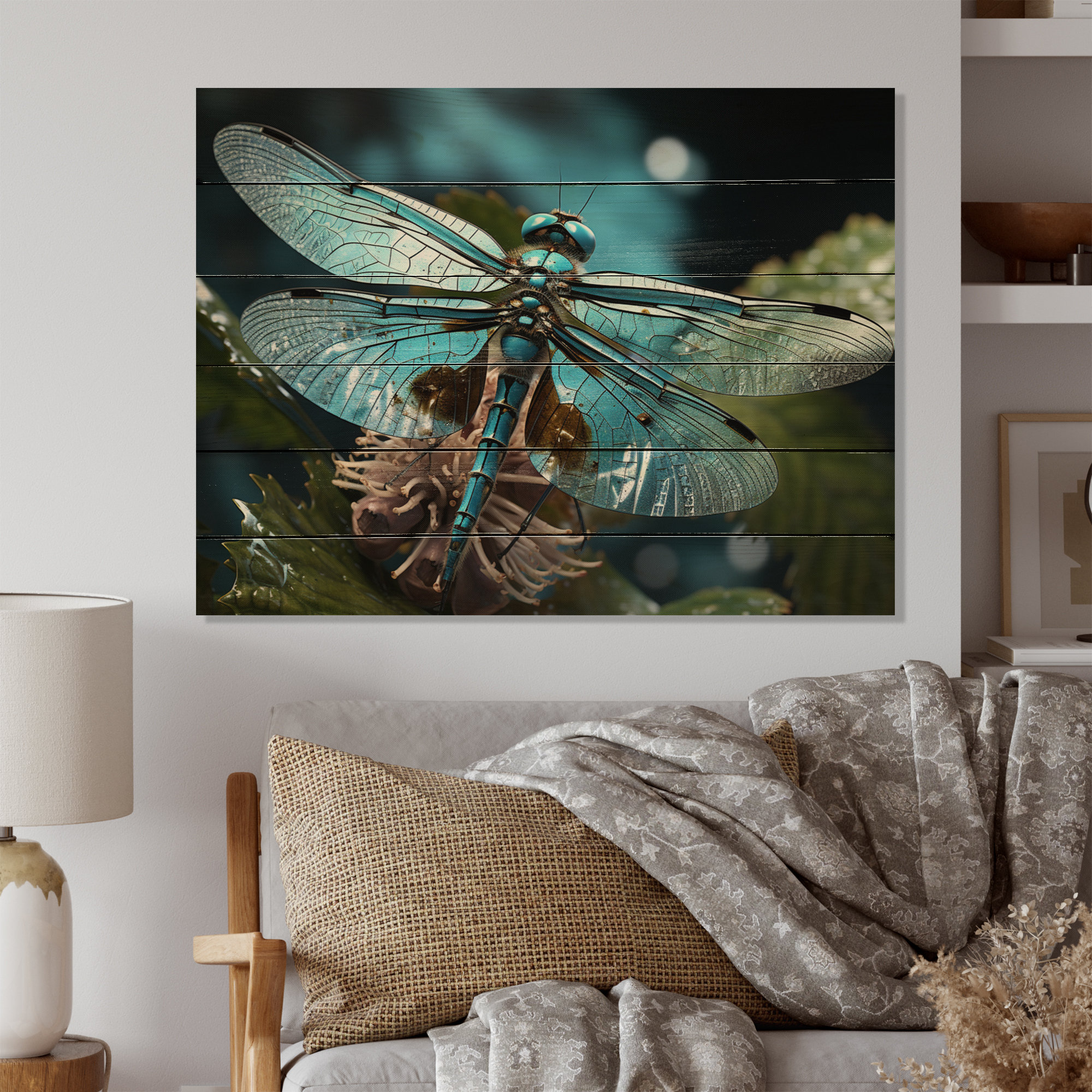 Gracie Oaks Teal Dragonfly Airborne Jewel On Wood Print | Wayfair