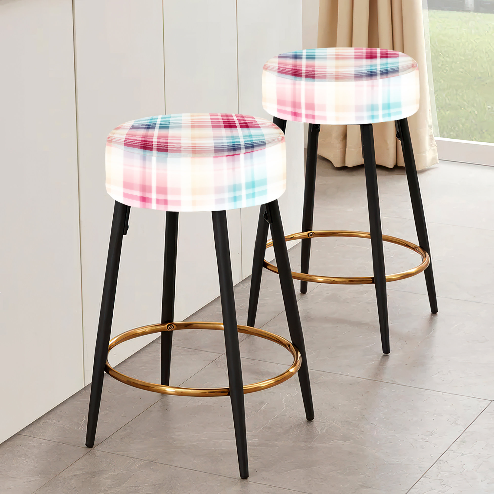 Design Art Blue And Pink Funky Retro Plaids Pattern - Plaid Bar Stools ...