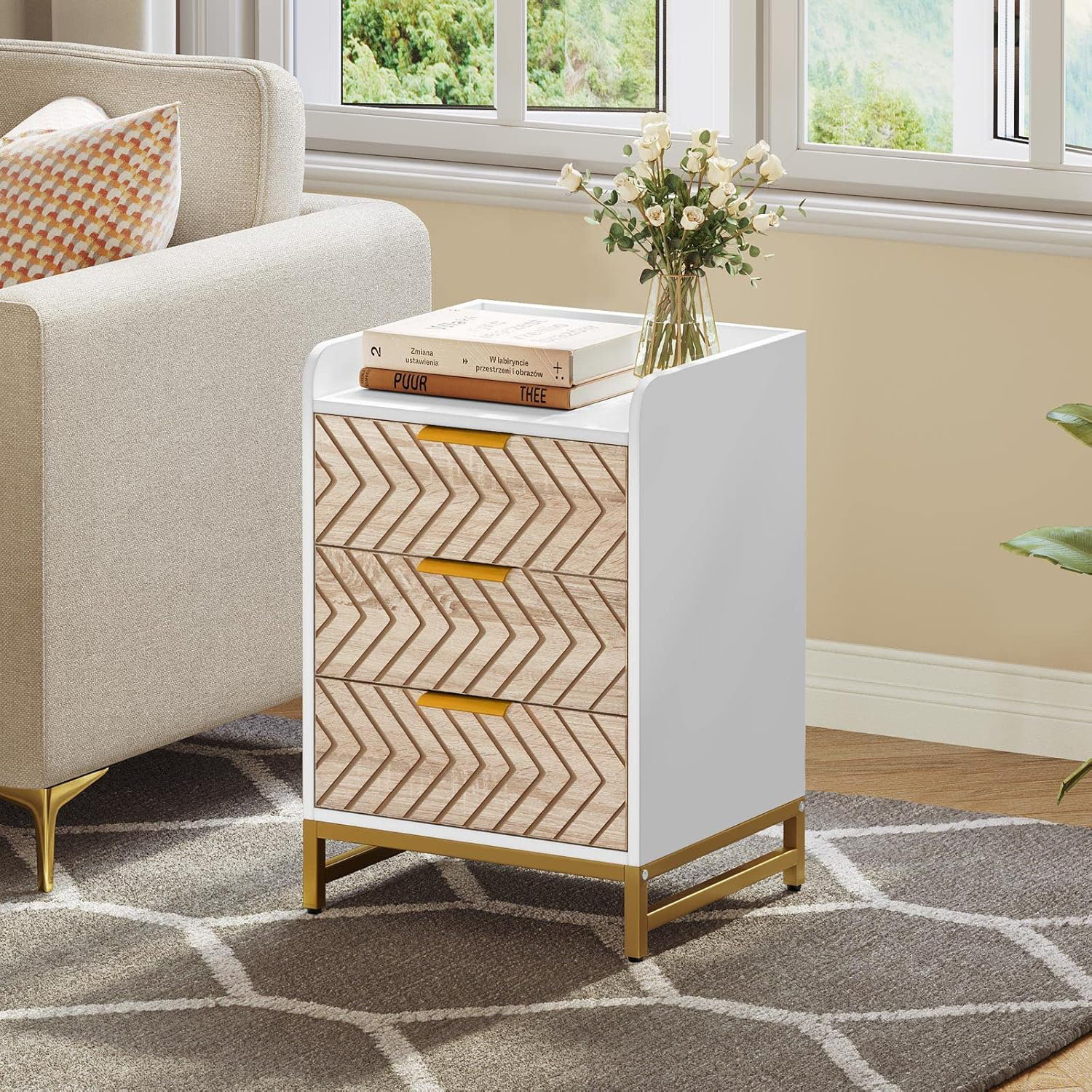 Mercer41 Nightstand With 3 Drawers, Modern Bedside Table With Chevron ...