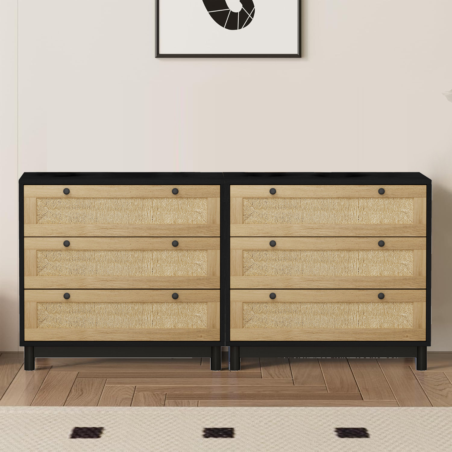 George Oliver Modern 3-Drawer Chest set of 2 with Rattan Accents and ...