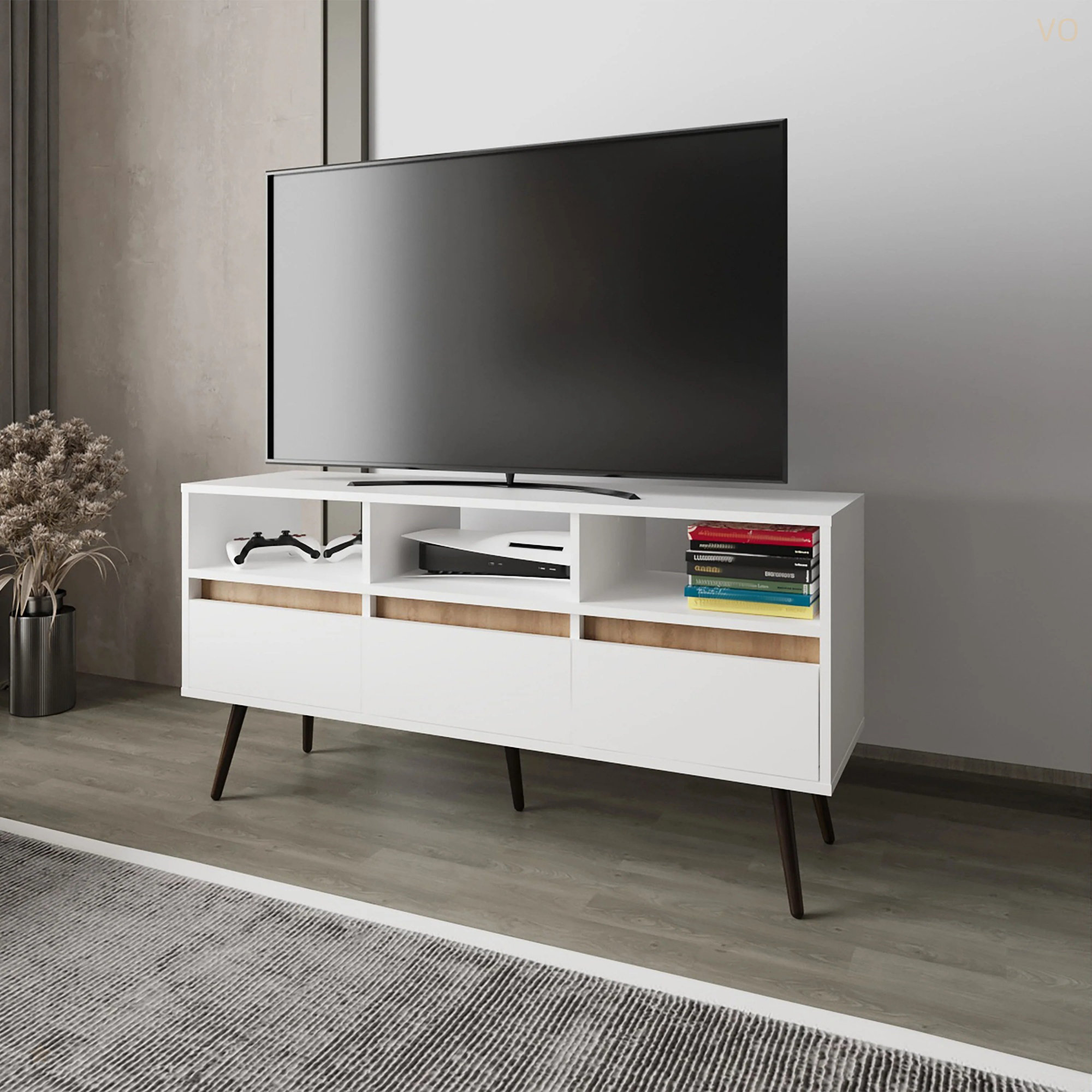 Corrigan Studio White And Natural Oak TV Stand With 3 Drawers And 3 ...
