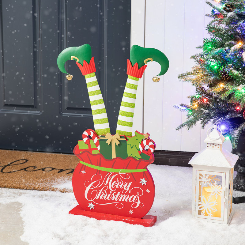 The Holiday Aisle® 24.5"H Christmas Wooden Metal Elf Legs In Gift Box ...