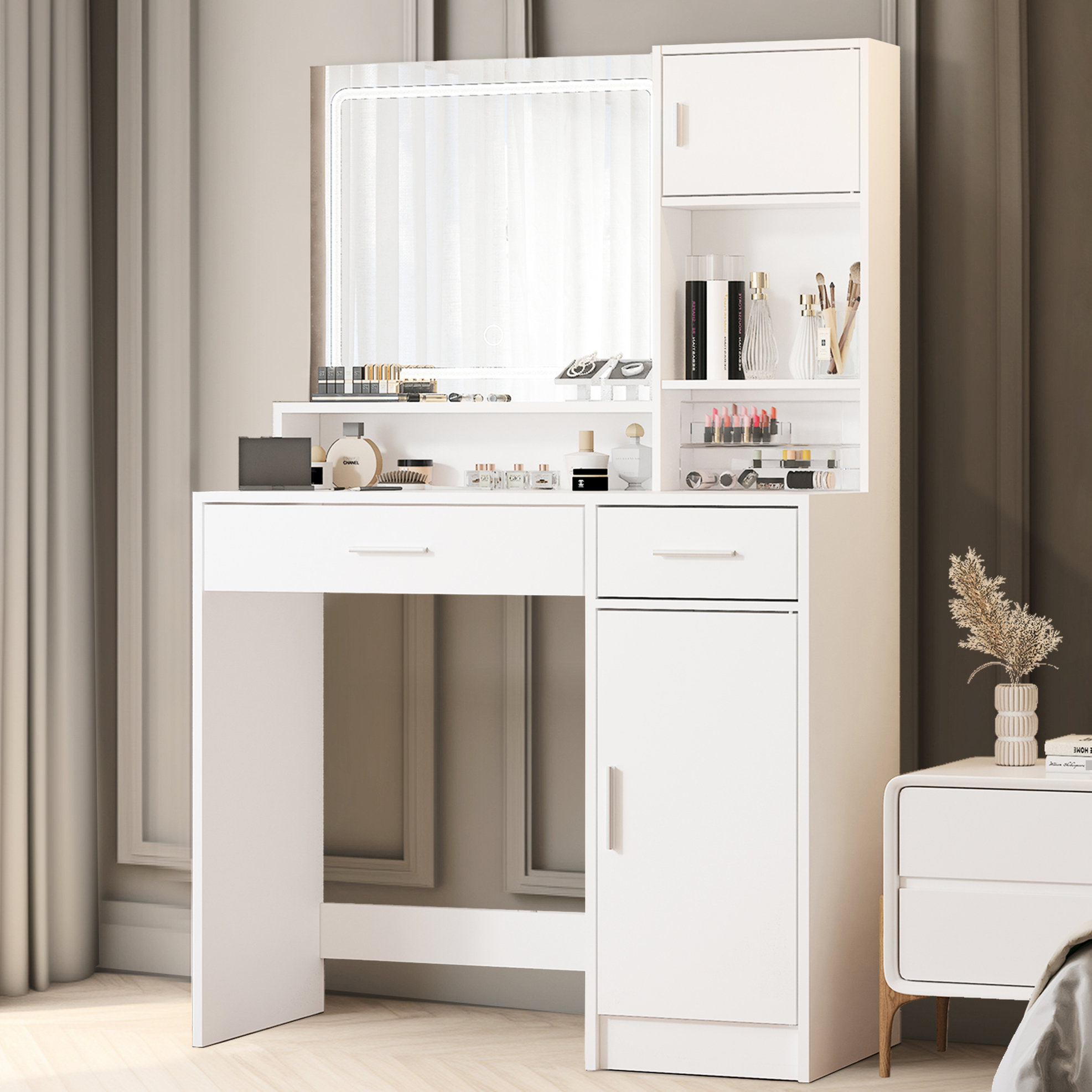 Ivy Bronx Vanity Table With Mirror And Led . 3 Level Storage. White ...