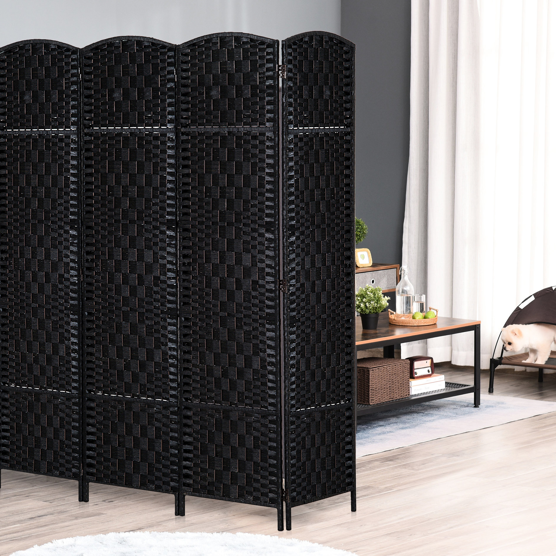 Kivaritio Black Weave 4 Panel Room Divider. Stylish Privacy Screen For ...