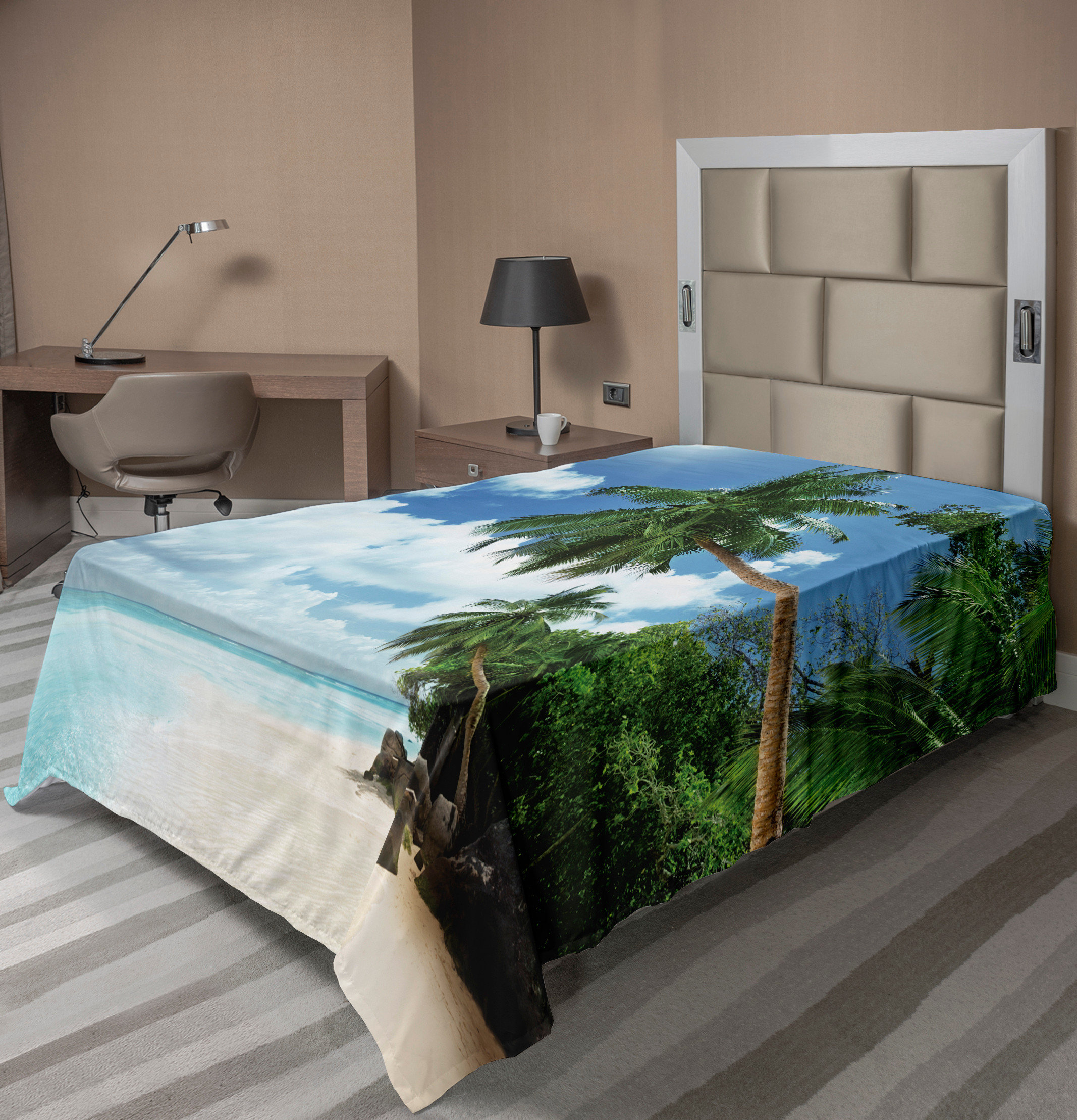 Ambesonne Jungle Top Flat Sheet Palm Leaf Island Lagoon Green Blue Aqua ...