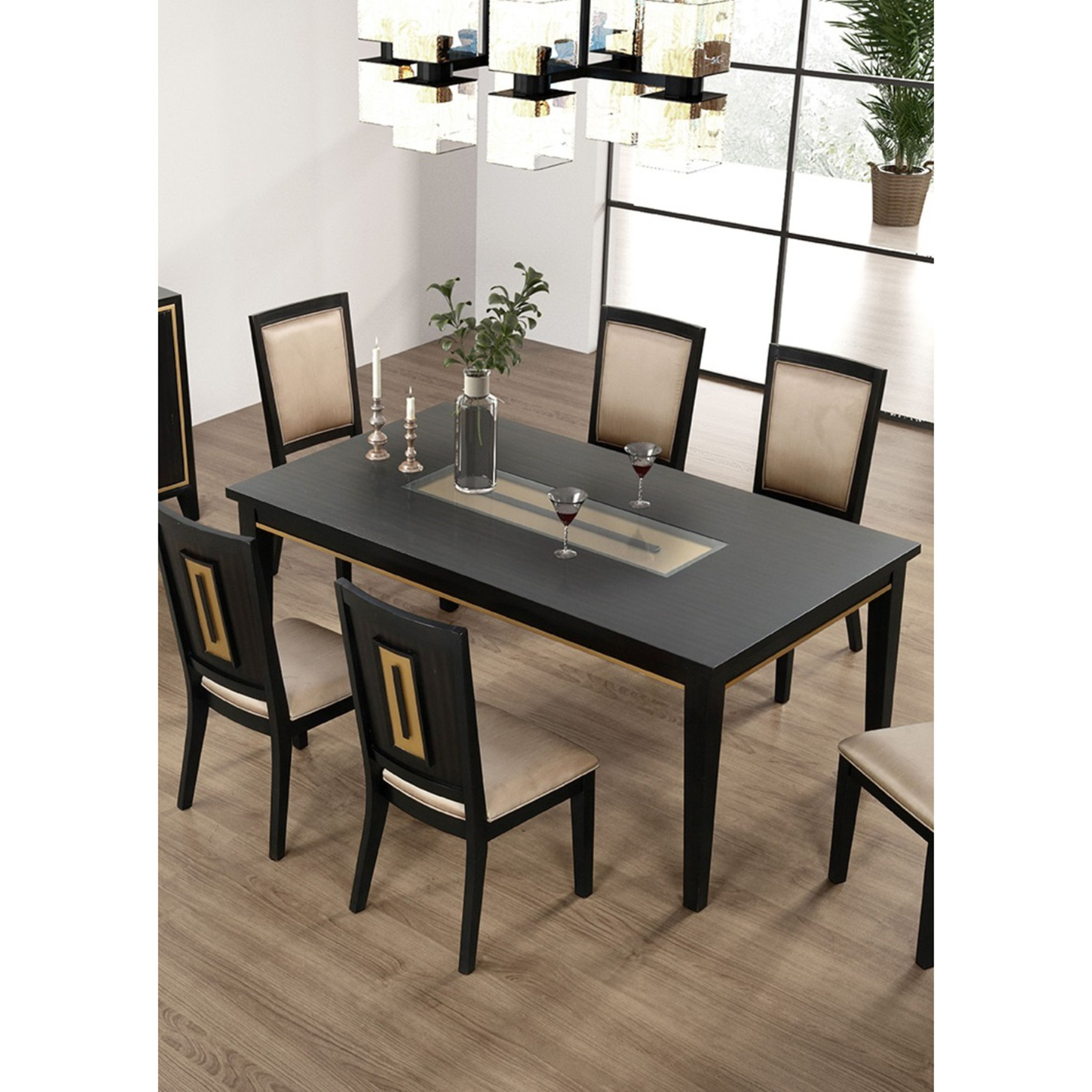 Everly Quinn Contemporary 7pc Espresso Dining Set with Glass Insert ...