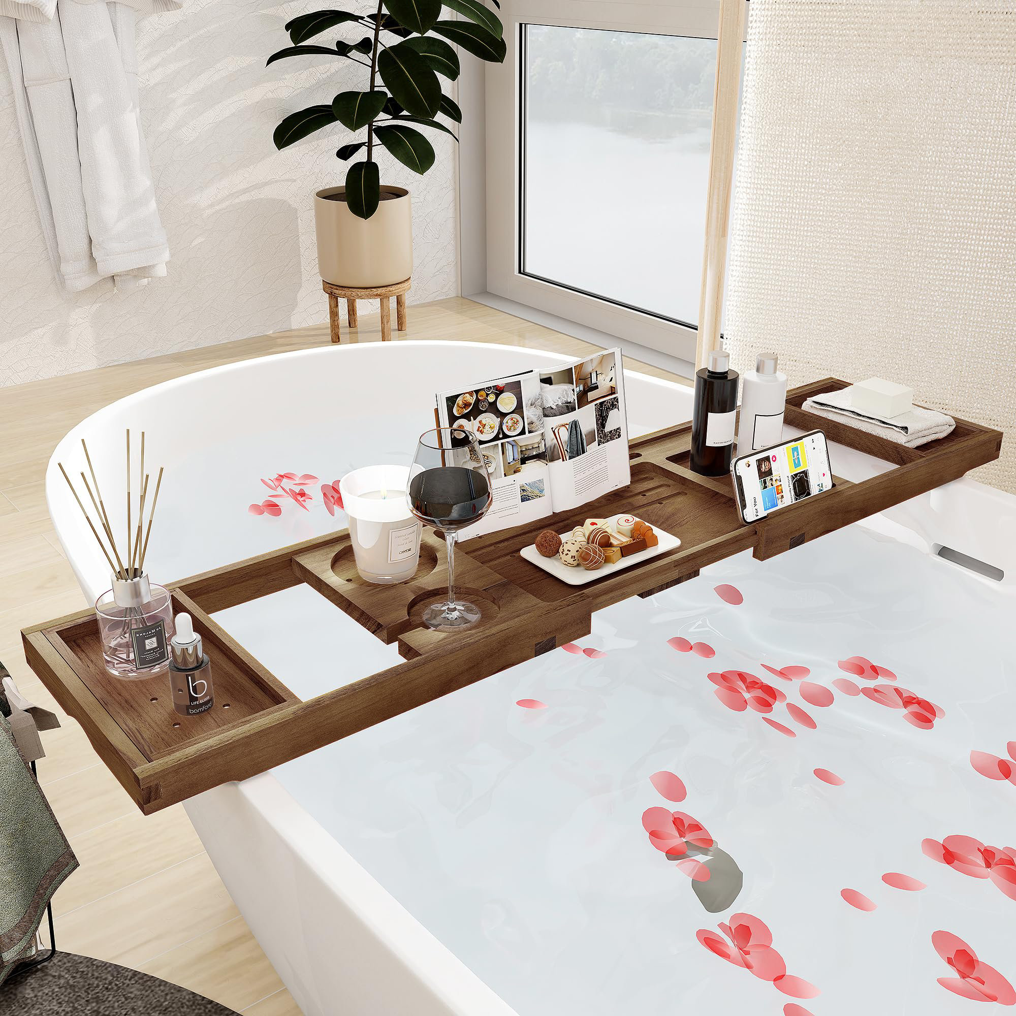 Rebrilliant Teak Bathtub Tray With Extendable Handles, Bath Accessories ...