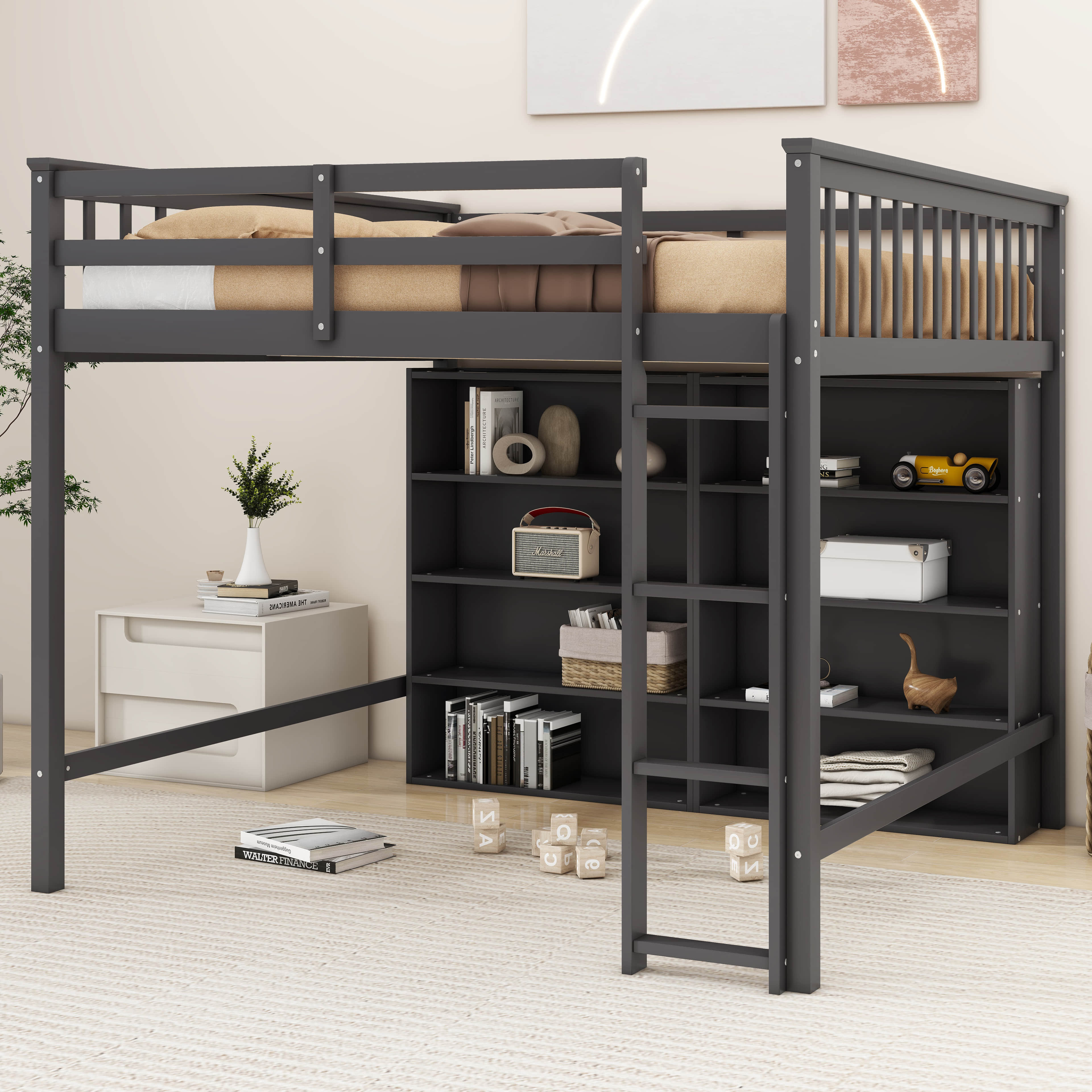 Harriet Bee Full Size Loft Bed With 8 Open Storage Shelves And Built-In ...