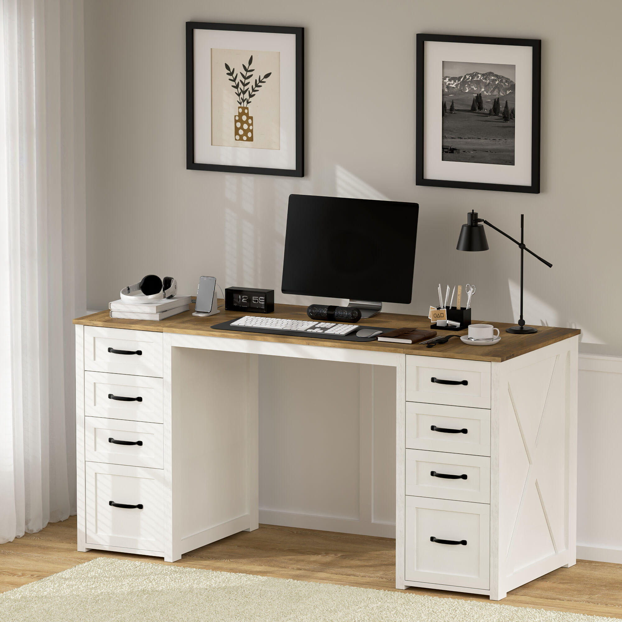 Gracie Oaks 60" Farmhouse Home Office Desk with 8 Wooden Drawers ...