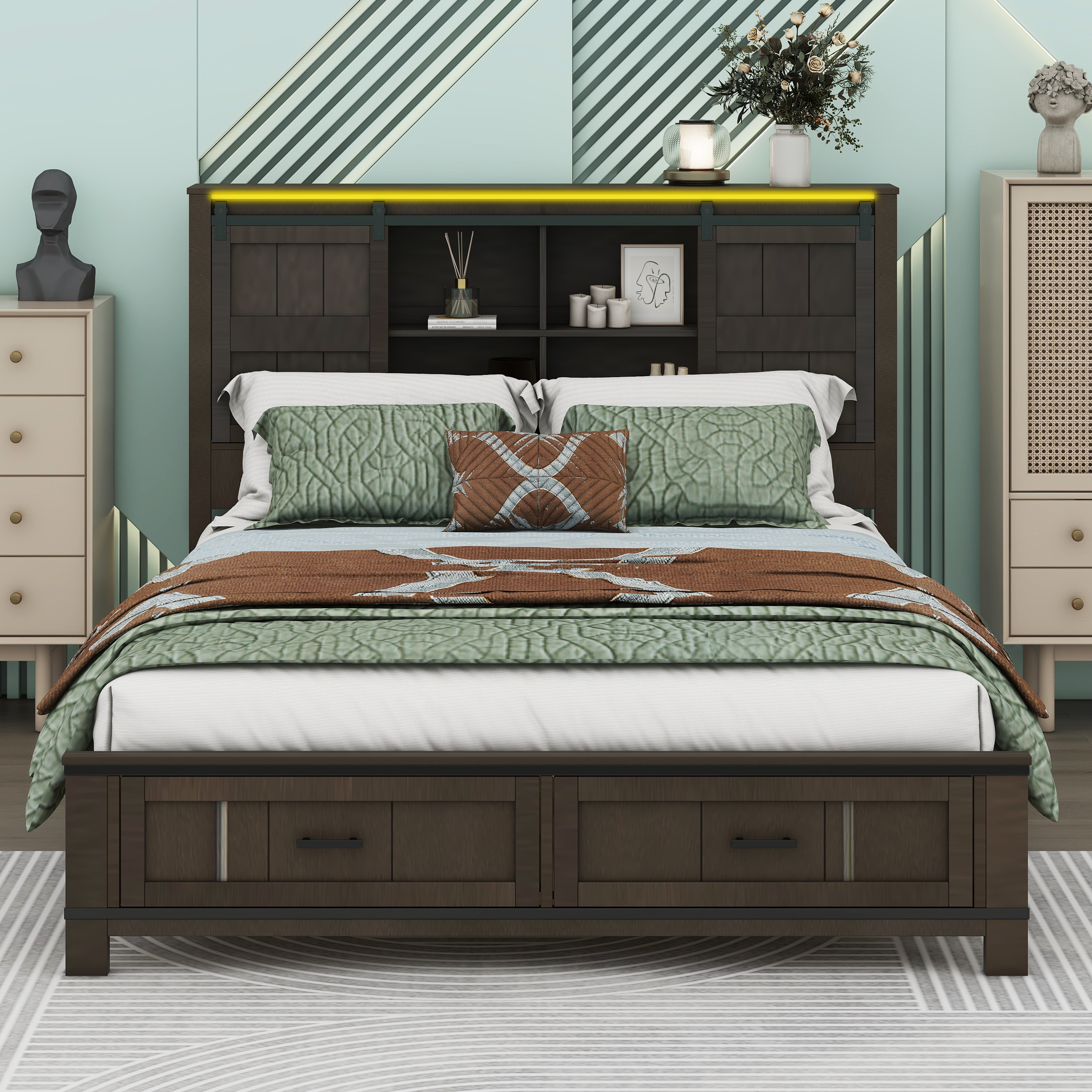 Lark Manor Queen Size Farmhouse Style Platform Bed With LED Light And ...