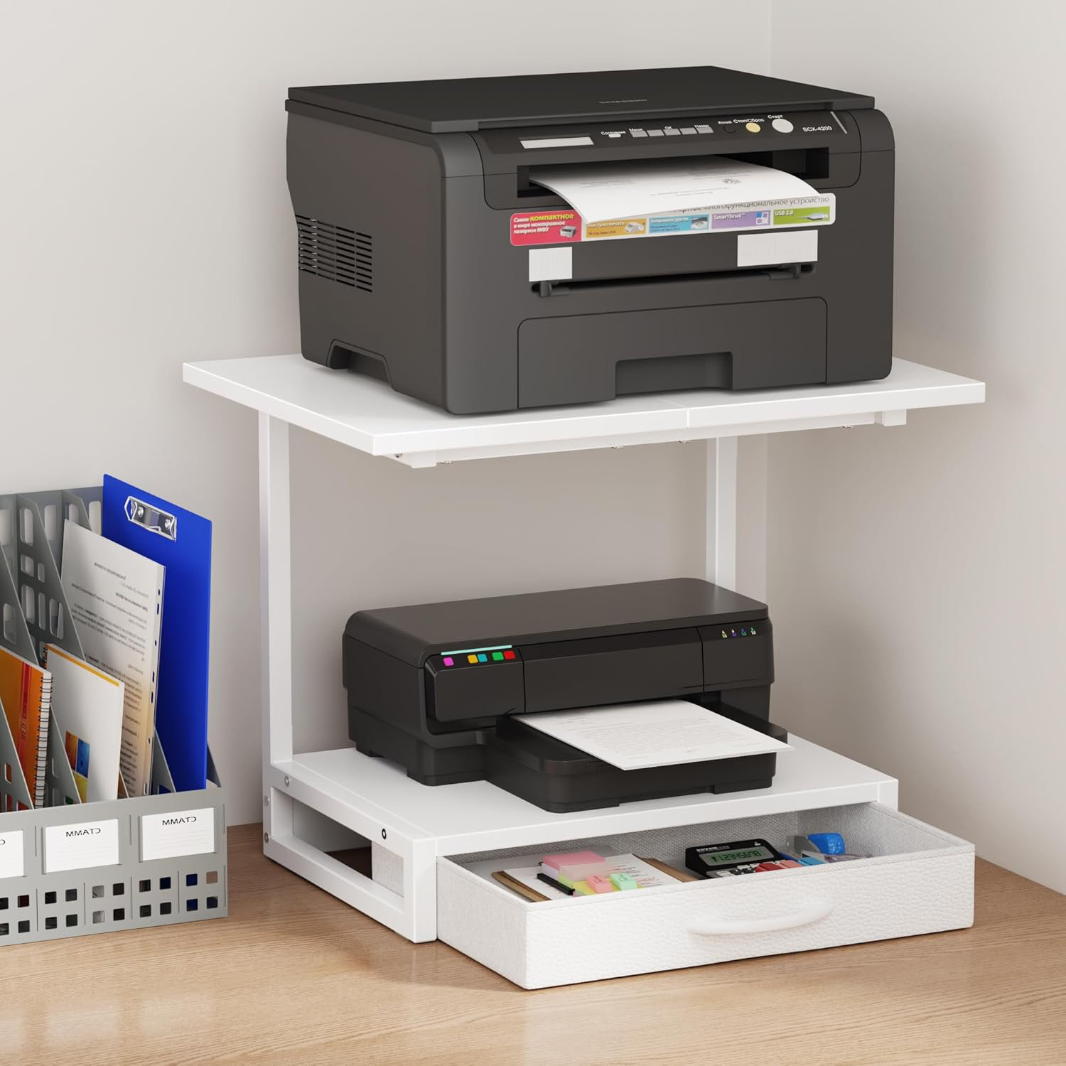 BY Family 2-Tier Printer Stand With Fabric Drawer, Sturdy Desk ...