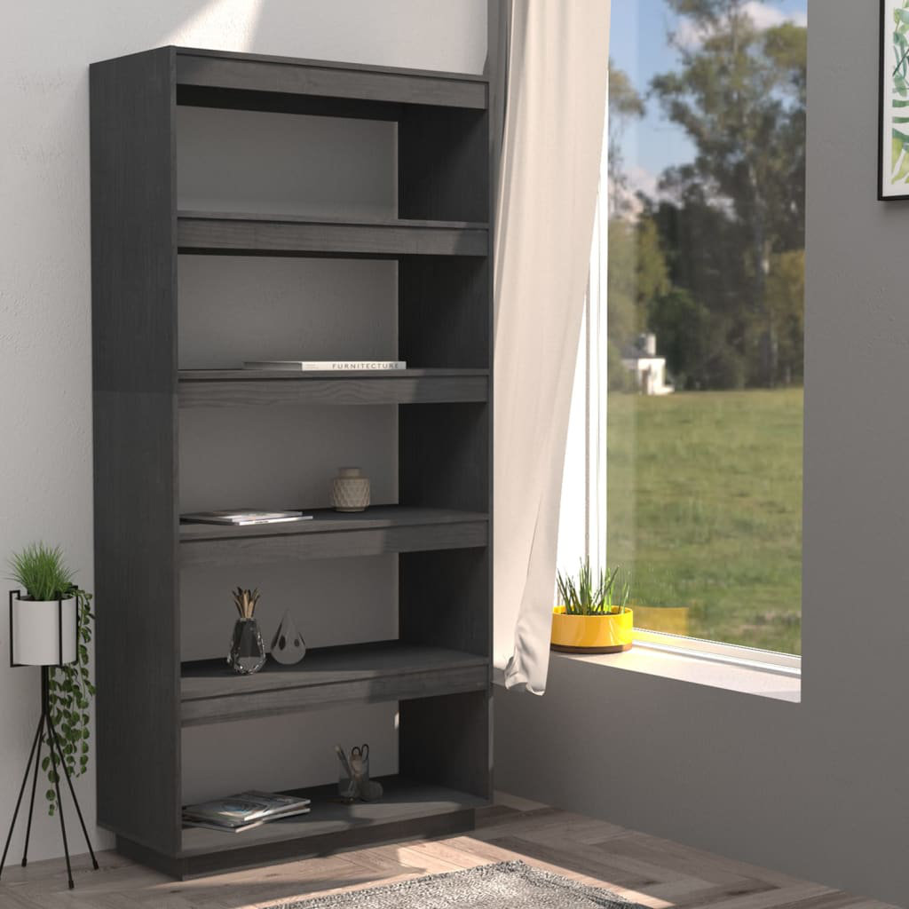Latitude Run® Book Cabinet Gray Solid Pine Wood Large Storage Book ...