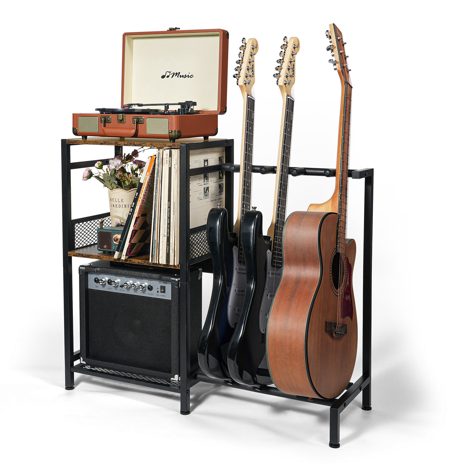 Ikkle Guitar Stand Multiple Guitars with Vinyl Record Storage Cabinet ...