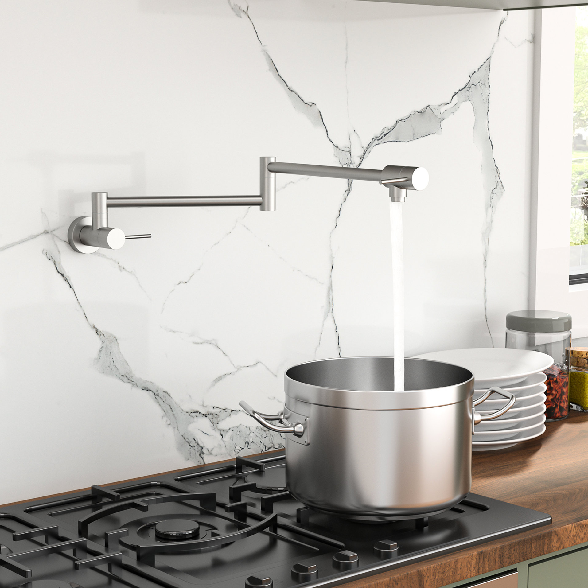 Ivy Bronx Single Hole Wall Mount Pot Filler - Matte Black, Two Handles ...