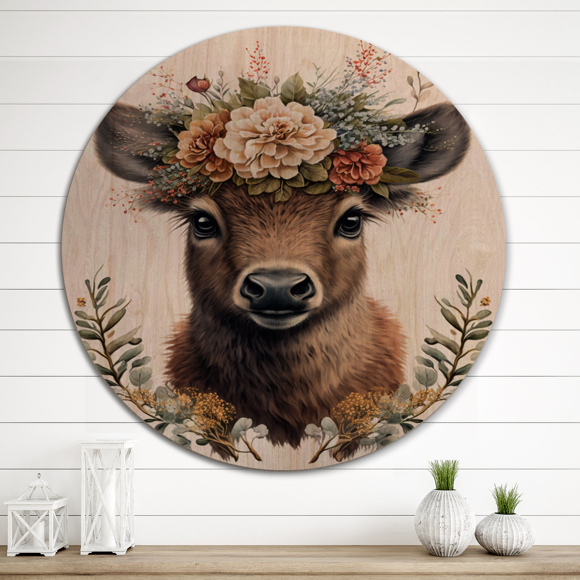 Redwood Rover Cute Baby Bison With Floral Crown - Animals Wood Wall Art ...