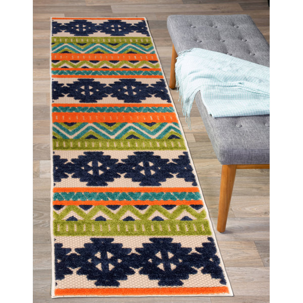 Steelside™ Heston Geometric Navy/Green/Orange Indoor & Outdoor Area Rug ...