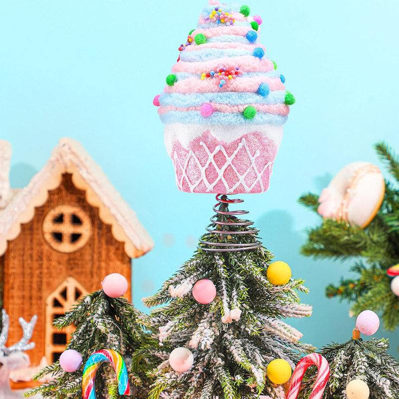 AMIZOY 7.9 Inch Dessert Christmas Tree Topper Pink Cupcake Tree Topper ...