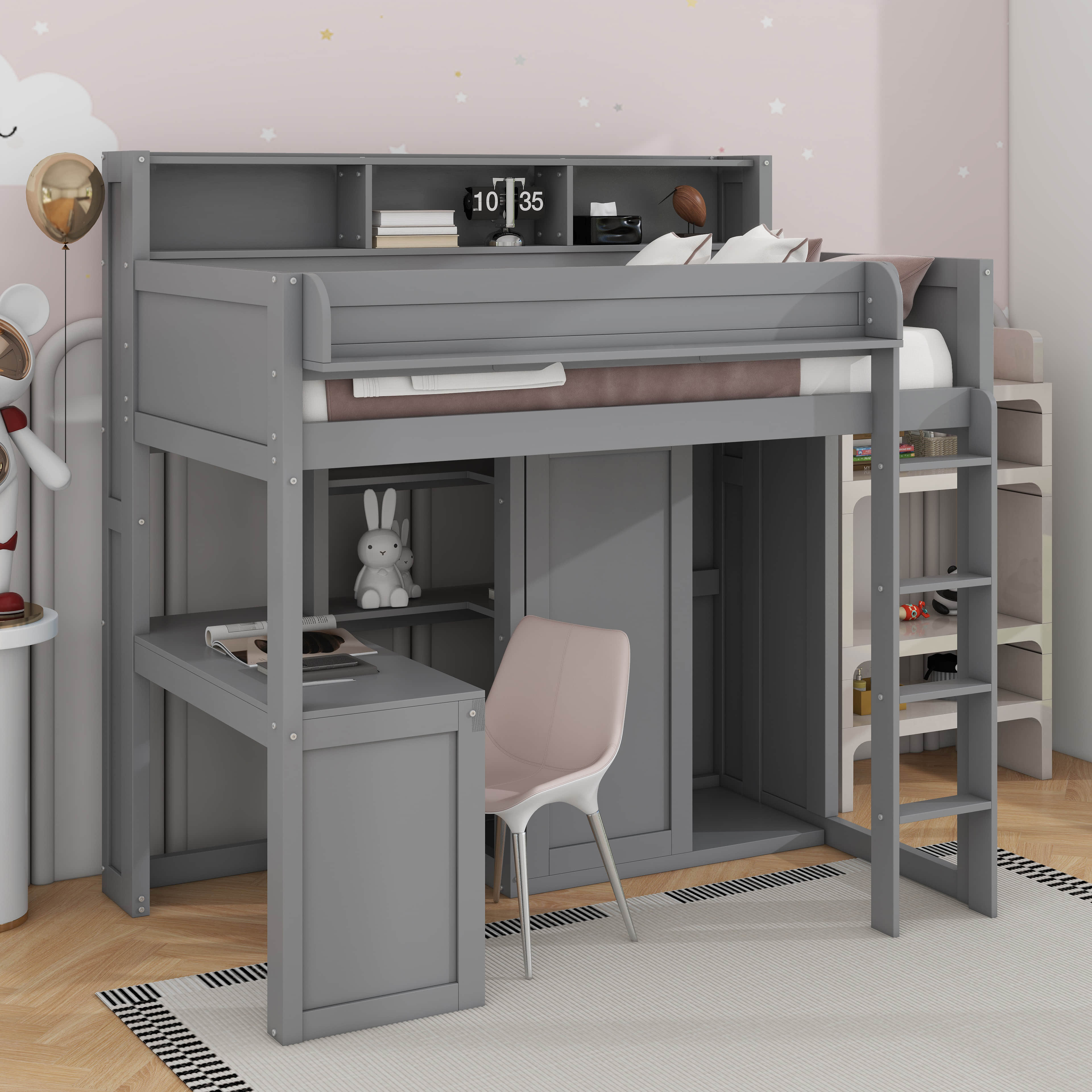 Latitude Run® Wood Twin Size Loft Bed With Multiple Storage Shelves And ...