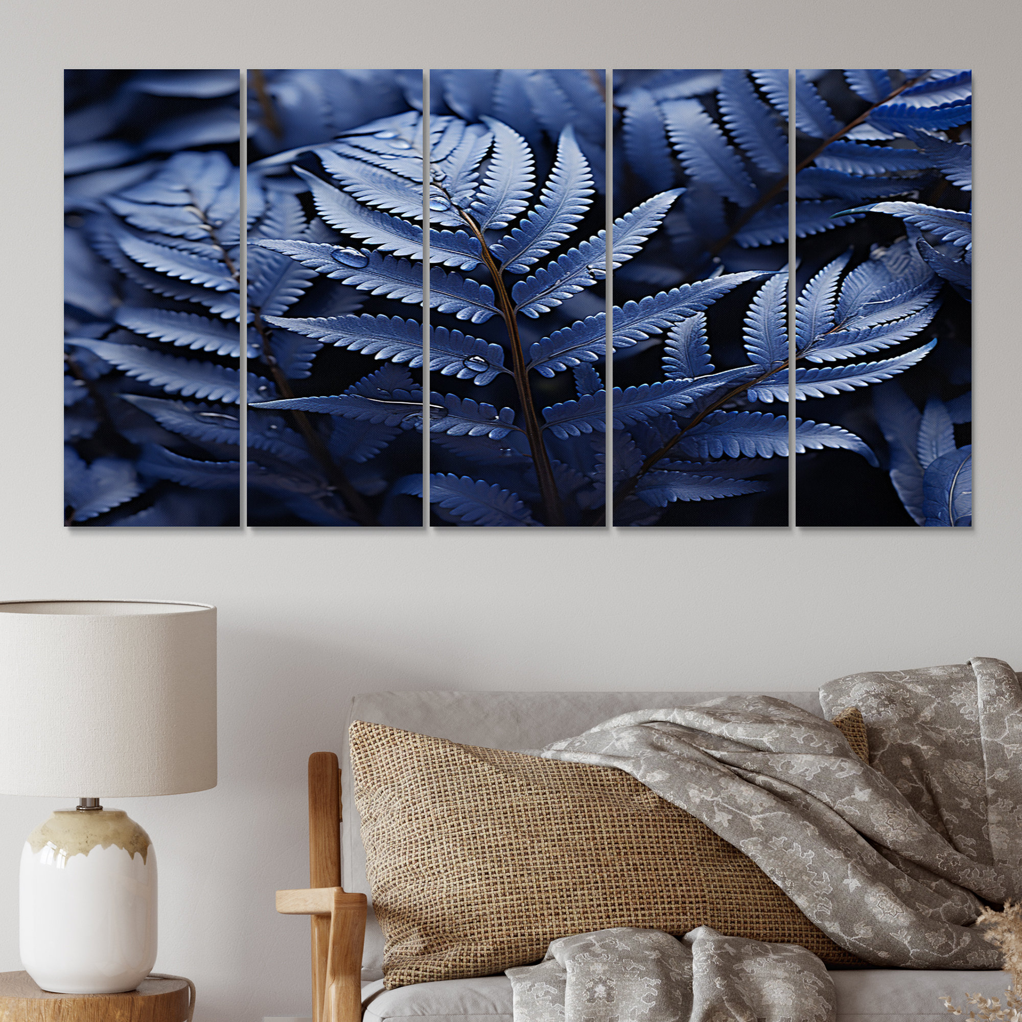 Design Art Blue Ferns Indigo Tranquility I - Floral Metal Art Print Set ...