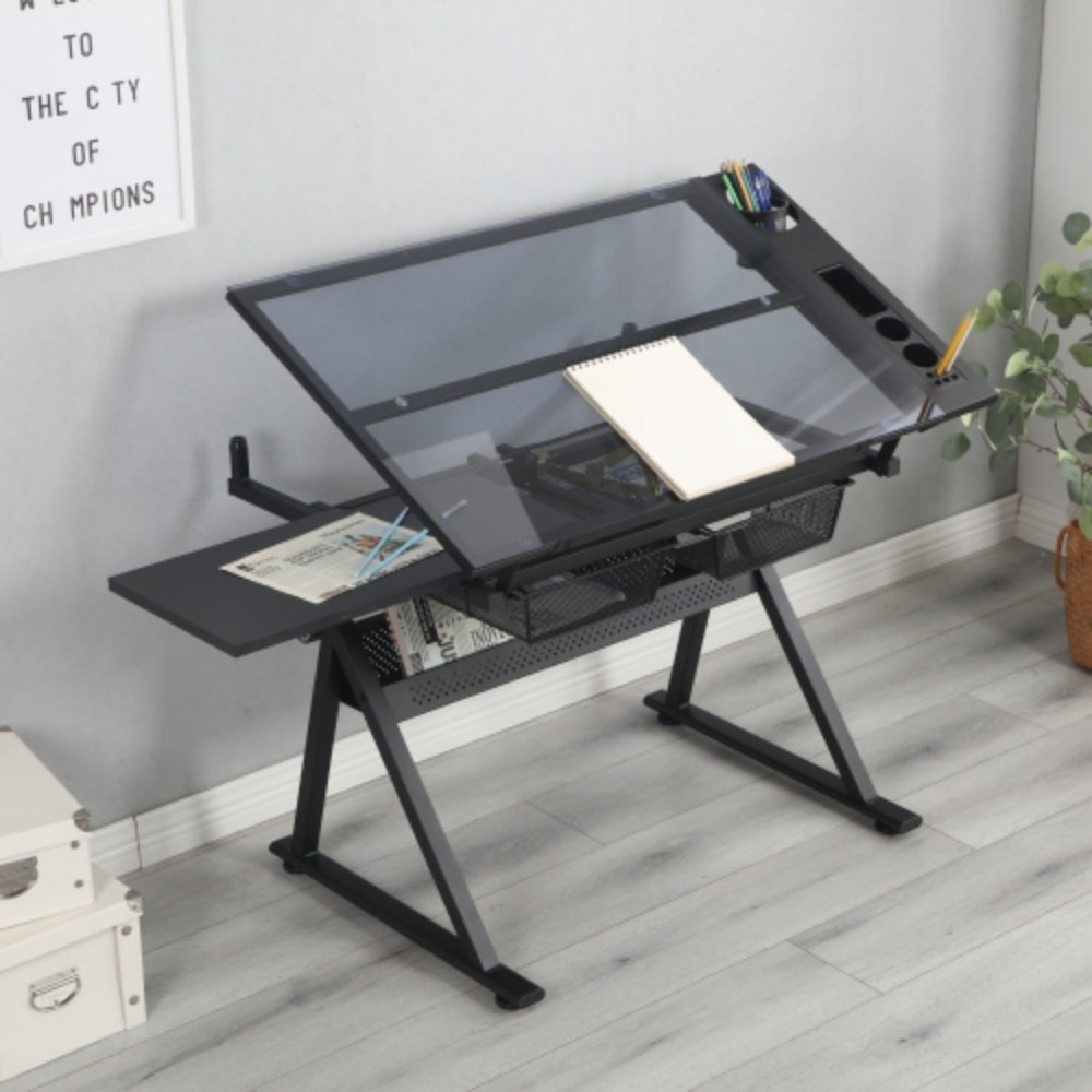 Ivy Bronx Black Adjustable Tempered Glass Drafting Printing Table With ...