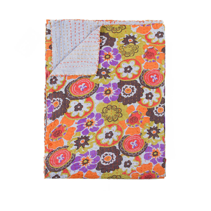 HomeRoots 50" X 70" Pink and Red Kantha Cotton Floral Throw Blanket ...