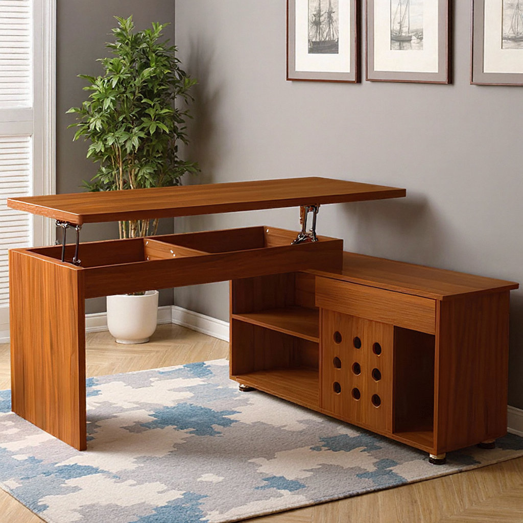Corrigan Studio® Walnut L-Shaped Adjustable Height Executive Desk with ...