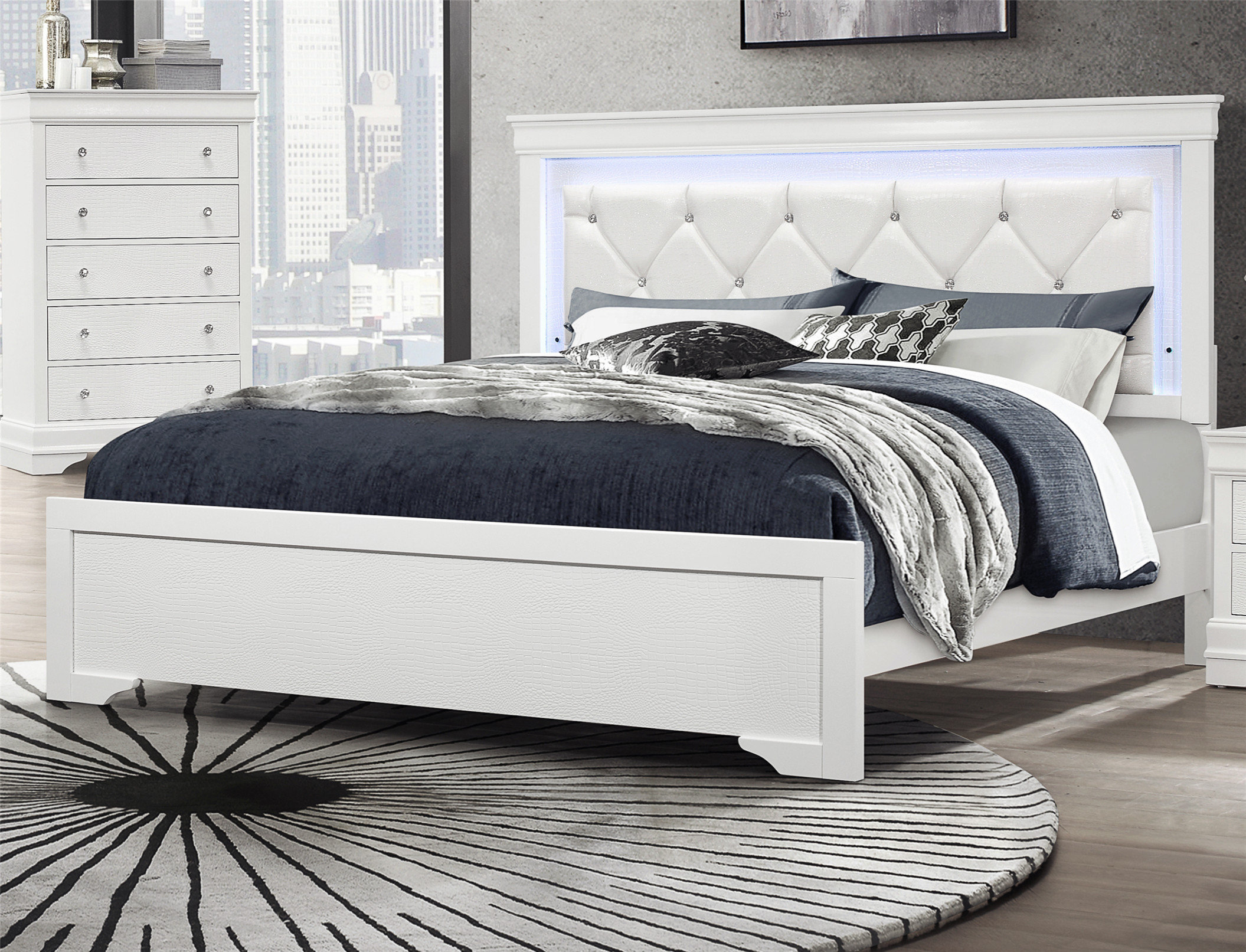 Abrahams Stylish LED Bed With Crystal-Inspired Tufted Headboard And ...