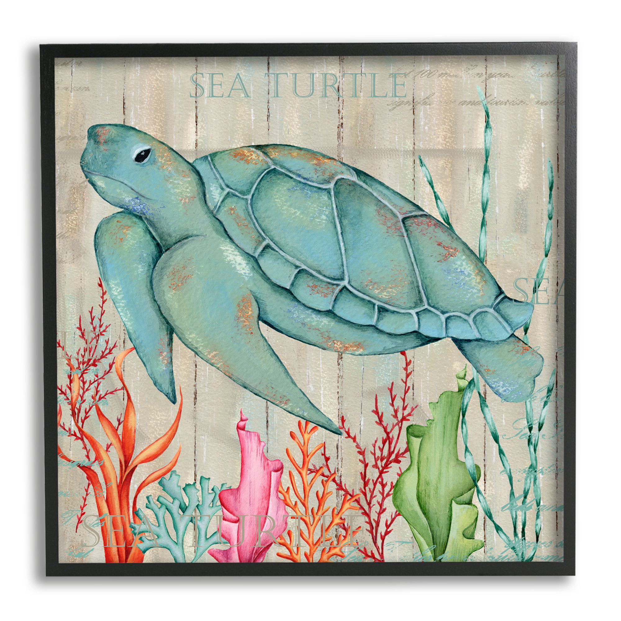 Stupell Industries Rustic Sea Turtle Animal Framed On Wood by Emma ...
