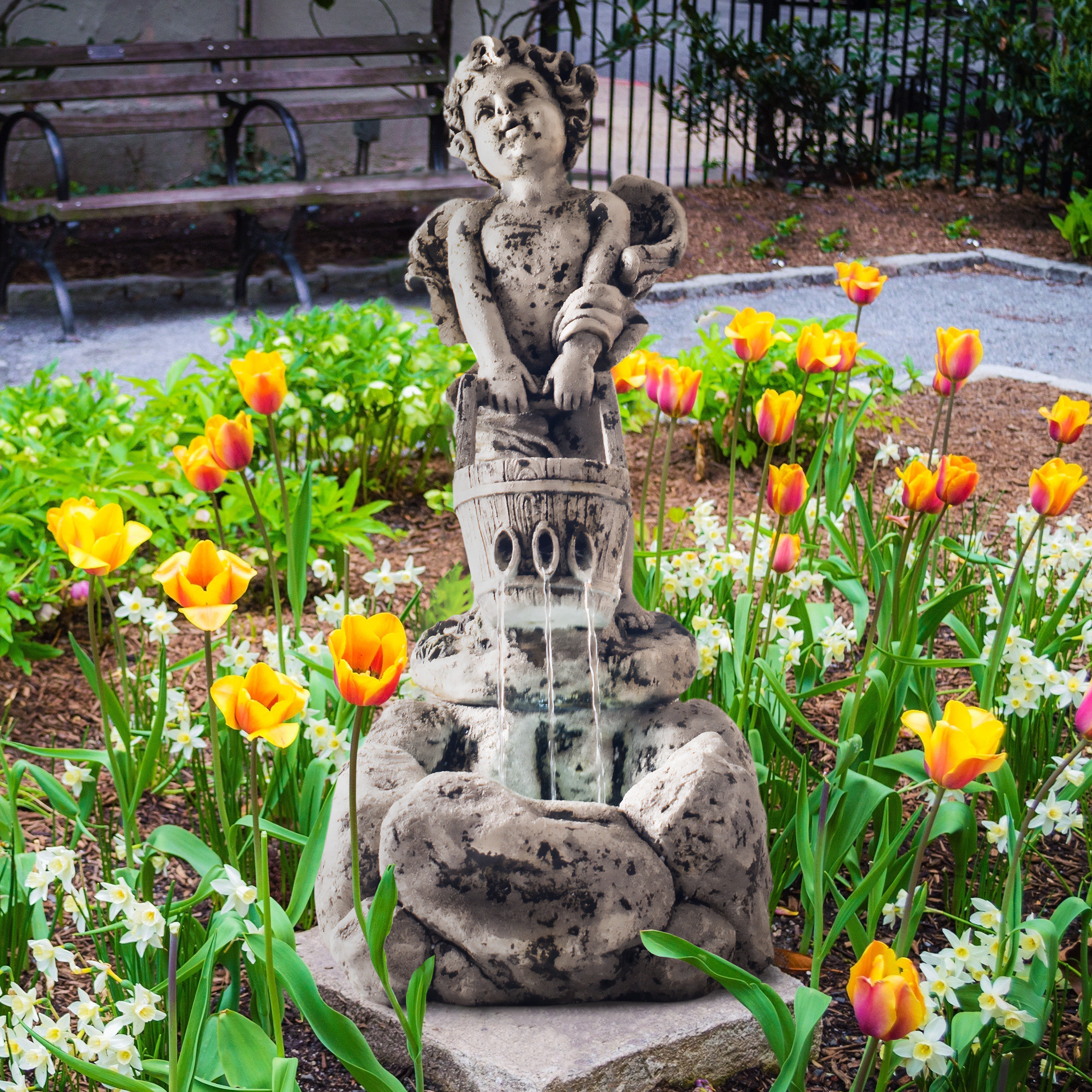 Fleur De Lis Living Hertel Outdoor Water Fountain With LED Lights ...