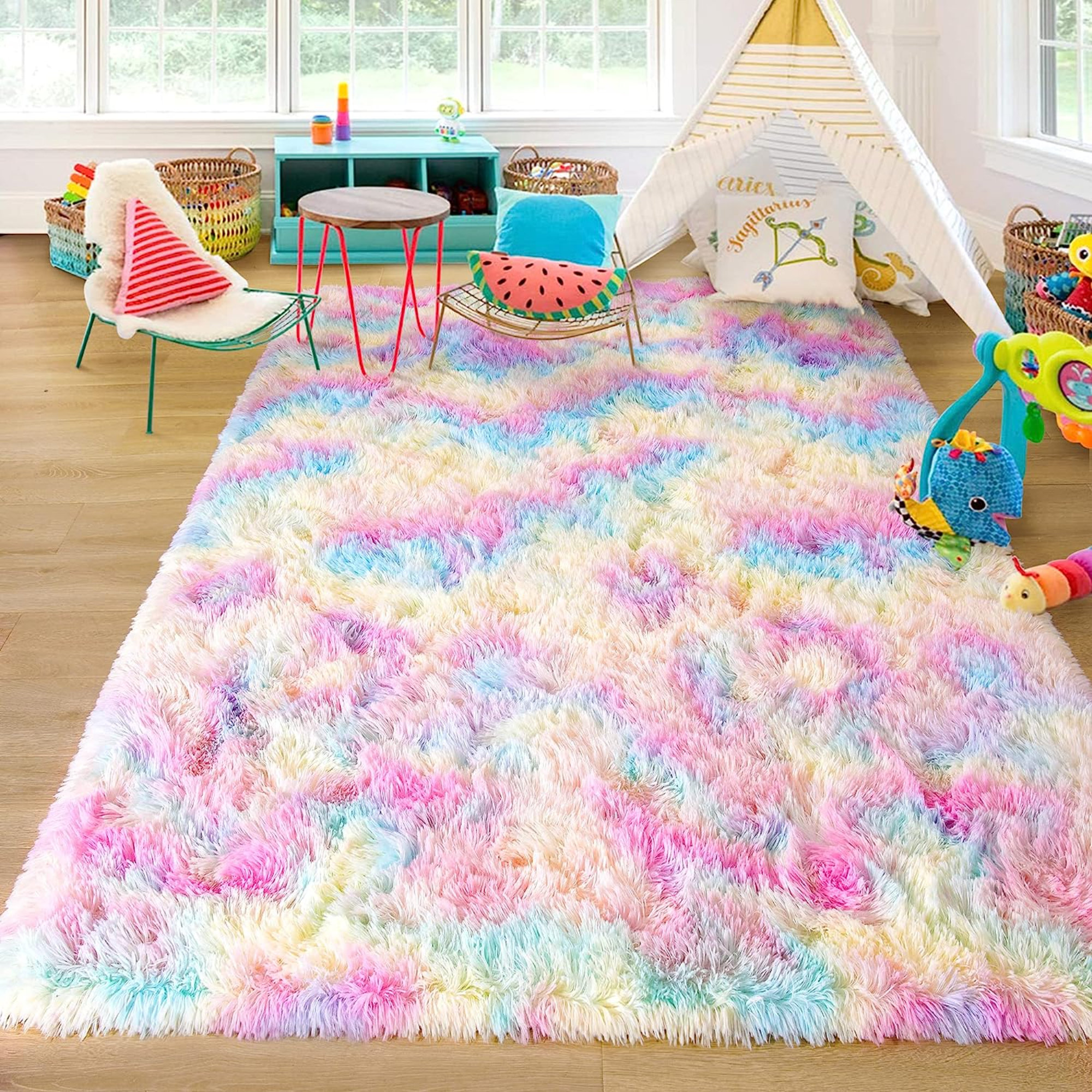 Gemma Violet Soft Rainbow Area Rugs For Girls Room, Fluffy Colourful ...