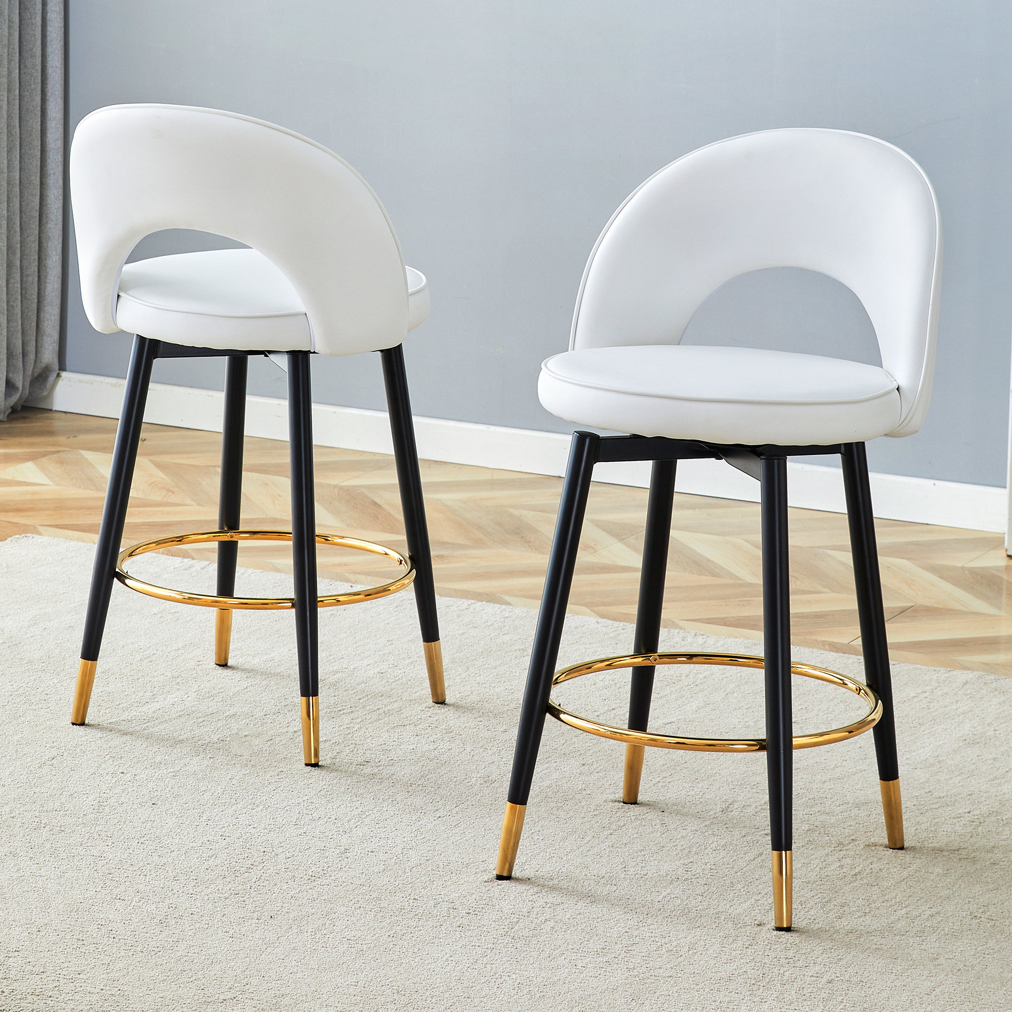 Mercer41 Set of 2 Swivel Bar Stools Padded PU Upholstery & Metal Base ...