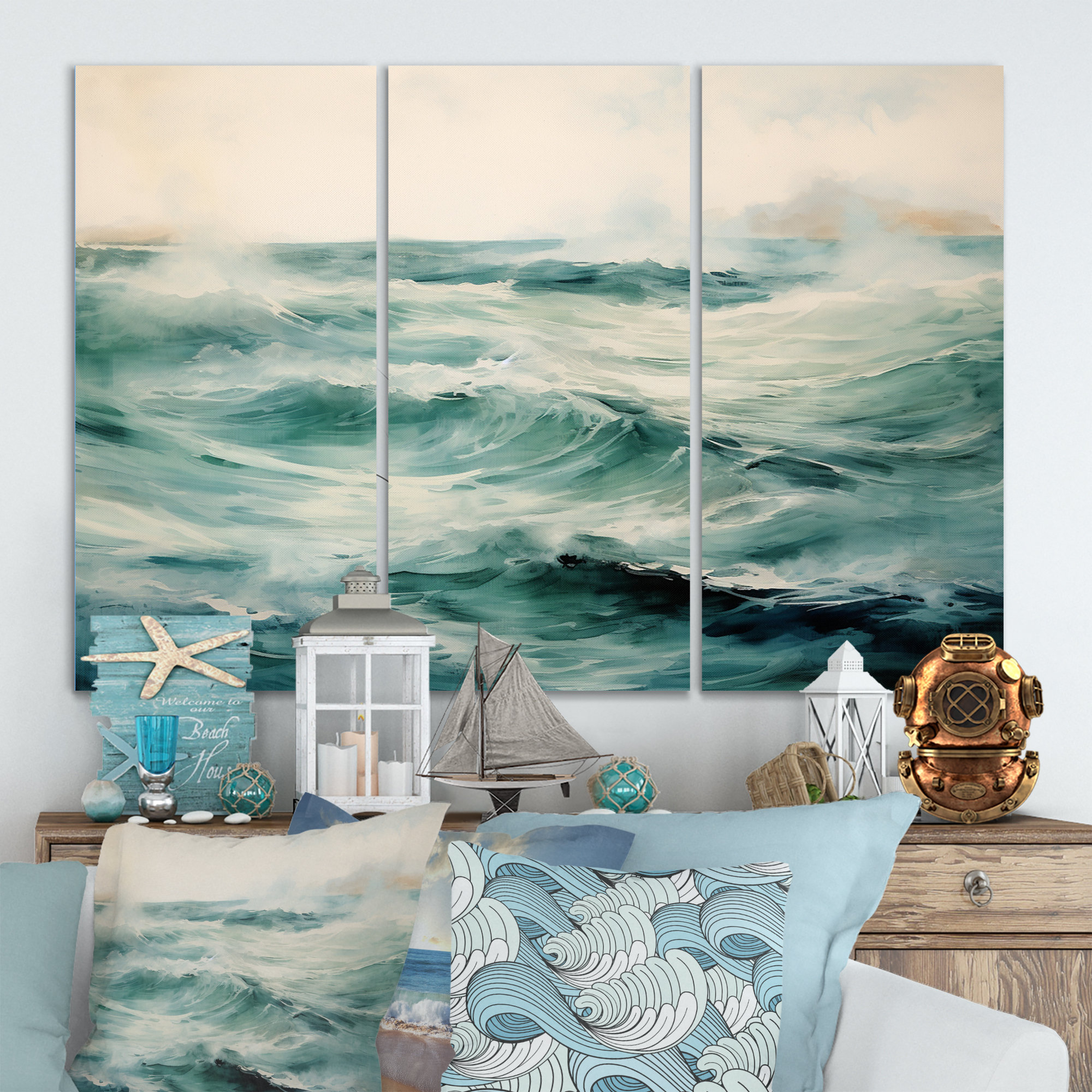 Design Art Blue Coastal Waves Wildness Watecolor - Coastal Waves Wall ...