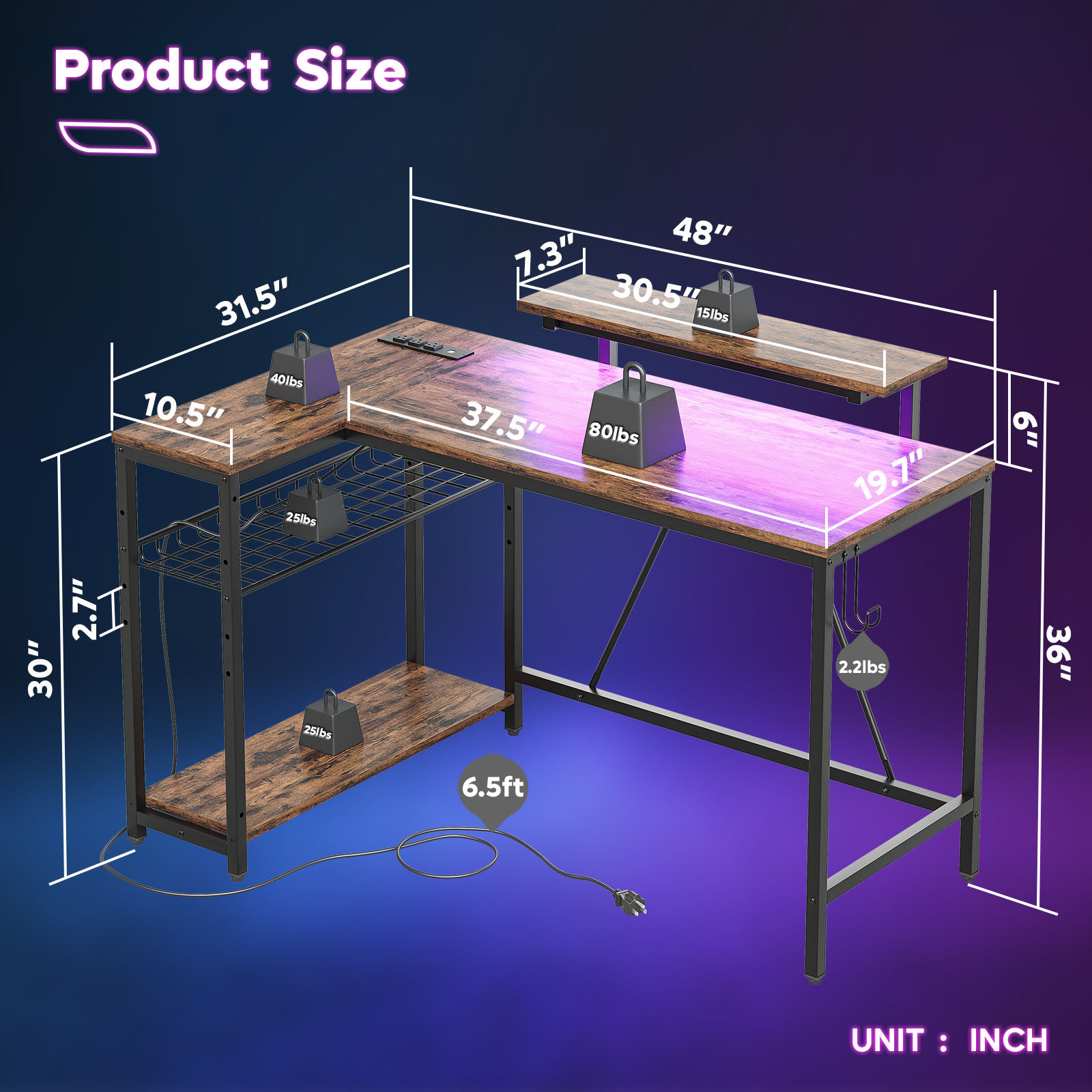 Trent Austin Design Aurea L-Shaped Work Desk with Built in Outlets, LED ...