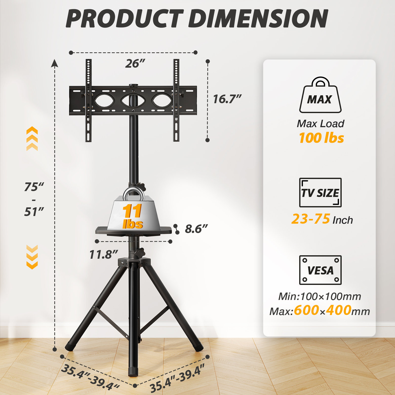 Symple Stuff Tv Tripod Stand For 23-75 Inch Led Lcd Oled Flat Screen ...