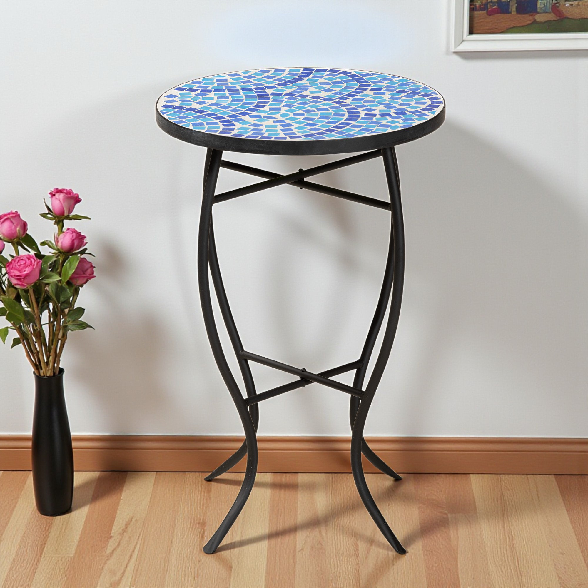 Dakota Fields Azure Plant Stand with Black Metal and Blue Glass | Wayfair