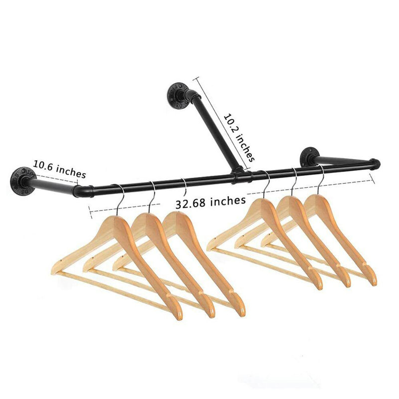 CELLPAK 33"W Wall Mounted Clothes Rack T-Bar Pipe Coat Hanger Black ...