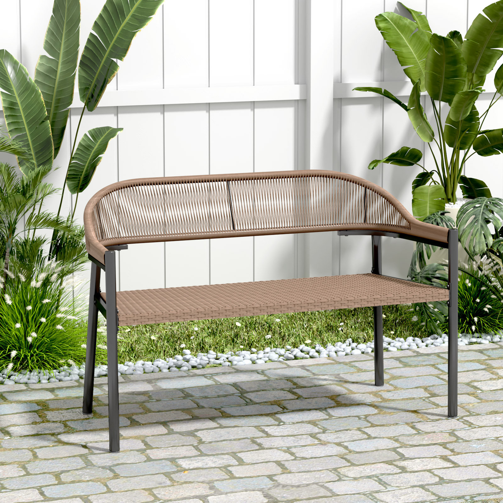Bay Isle Home™ Small Wicker Bench with Back for 2 People, Outdoor Patio ...
