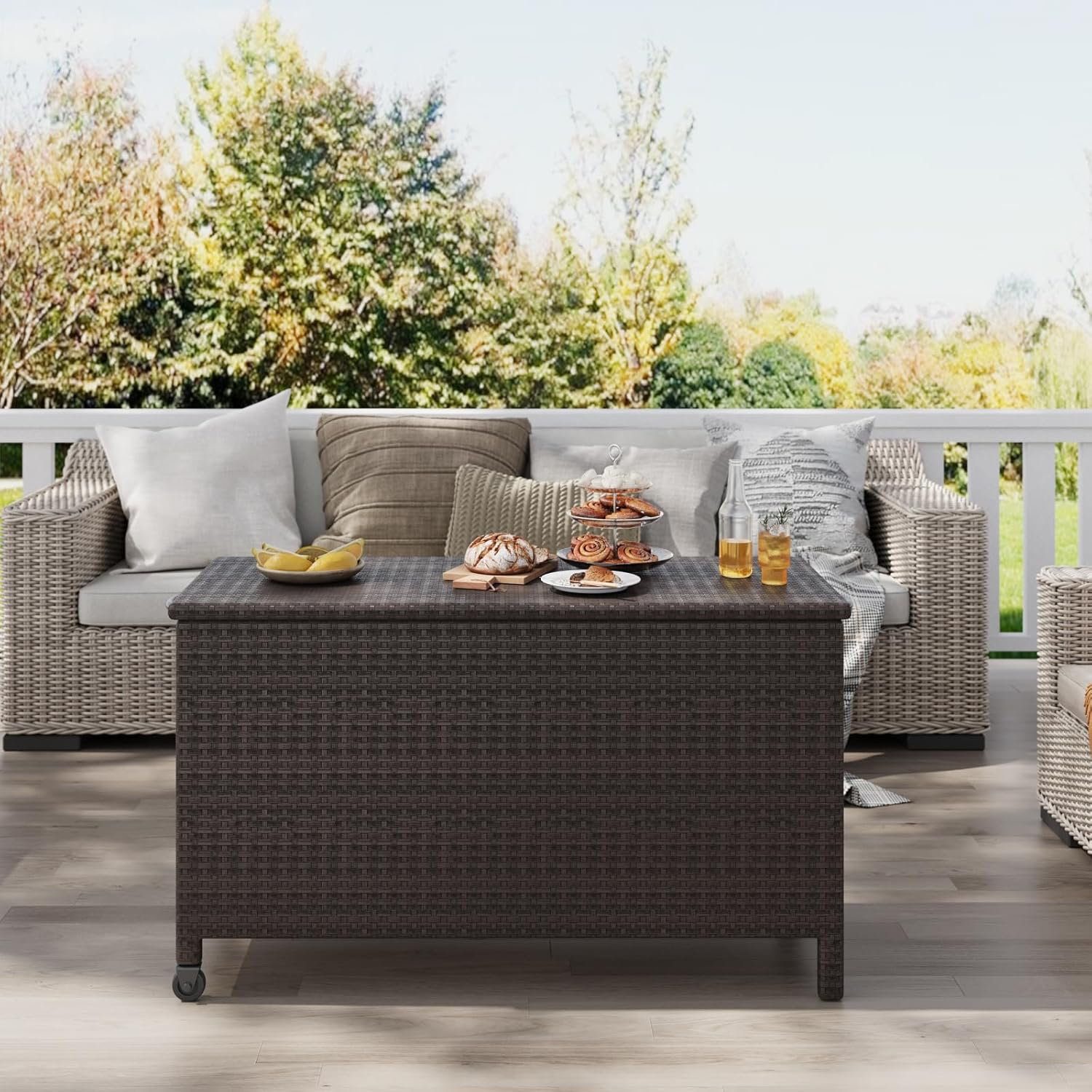 gaomon Outdoor 150 Gallon Rattan Deck Box With Support Frame And 2 ...