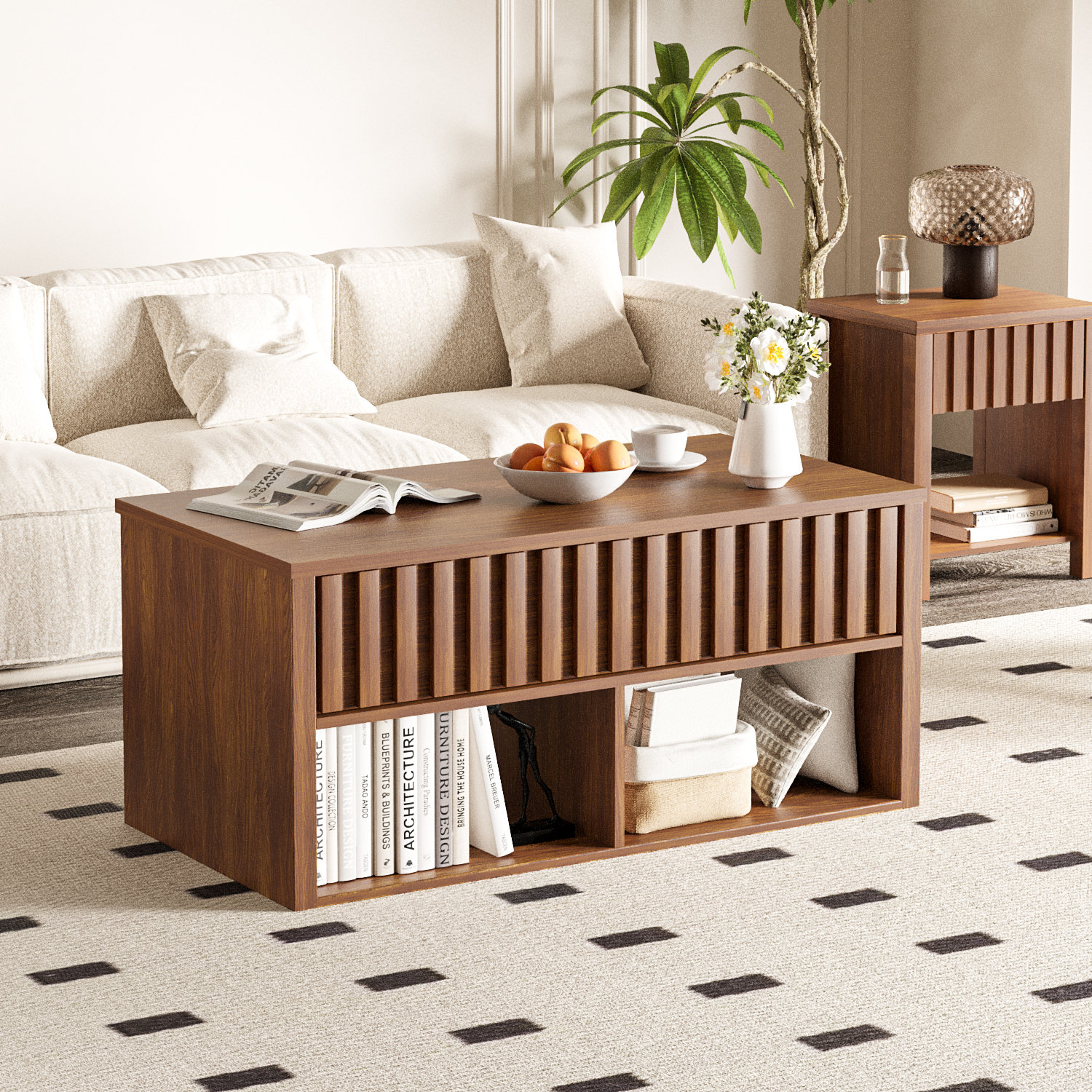 Latitude Run® Fluted Lift Top Coffee Table With Storage, Rectangle ...