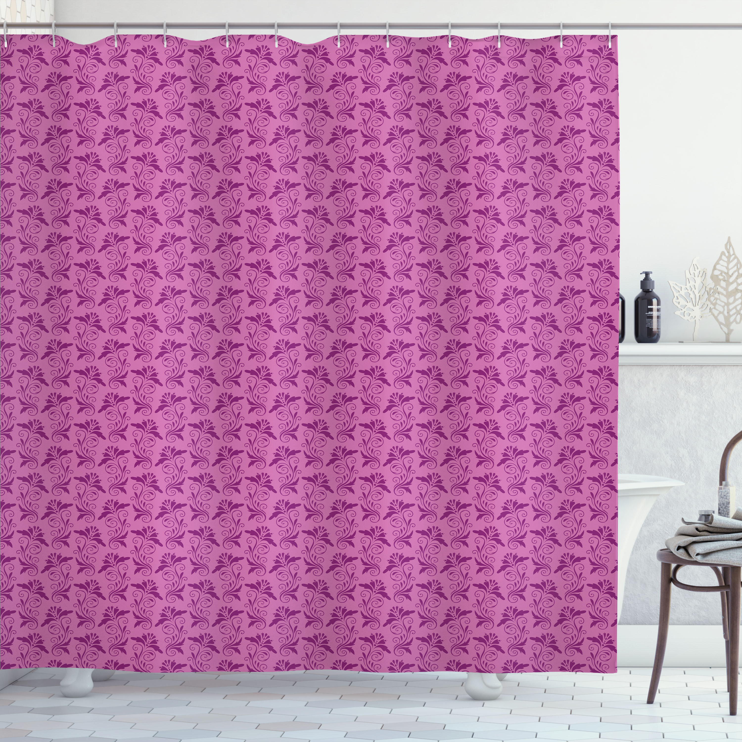 East Urban Home Damask Shower Curtain Monochrome Curvy Floral Art Pink ...