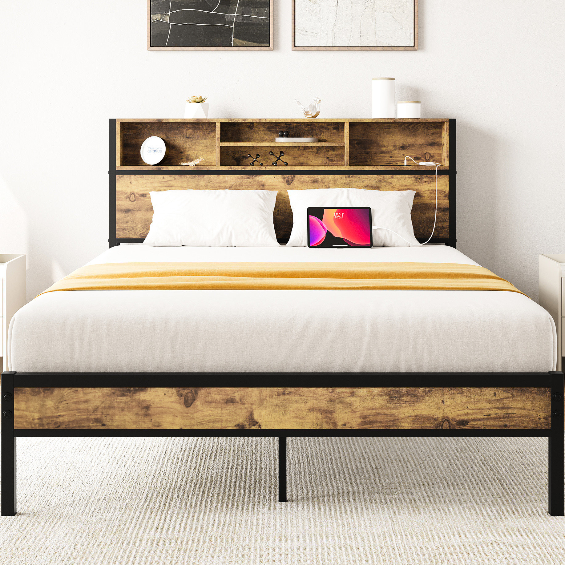 Alwyn Home Bed Frame With Charging & Storage Headboard, Metal, , Strong ...