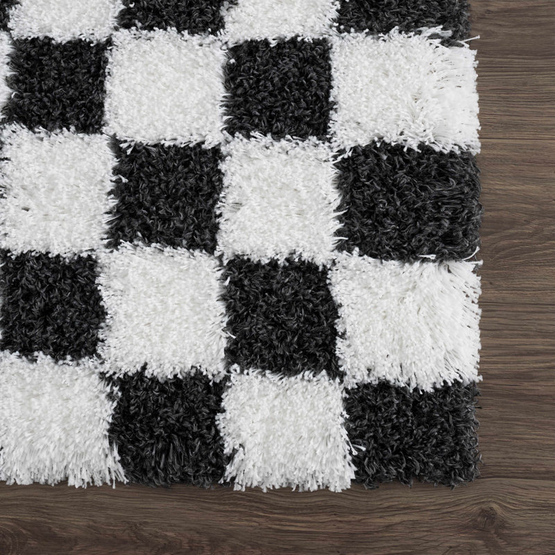 Latitude Run® Atiray Shag Checkered Modern Black / White Area Rug ...