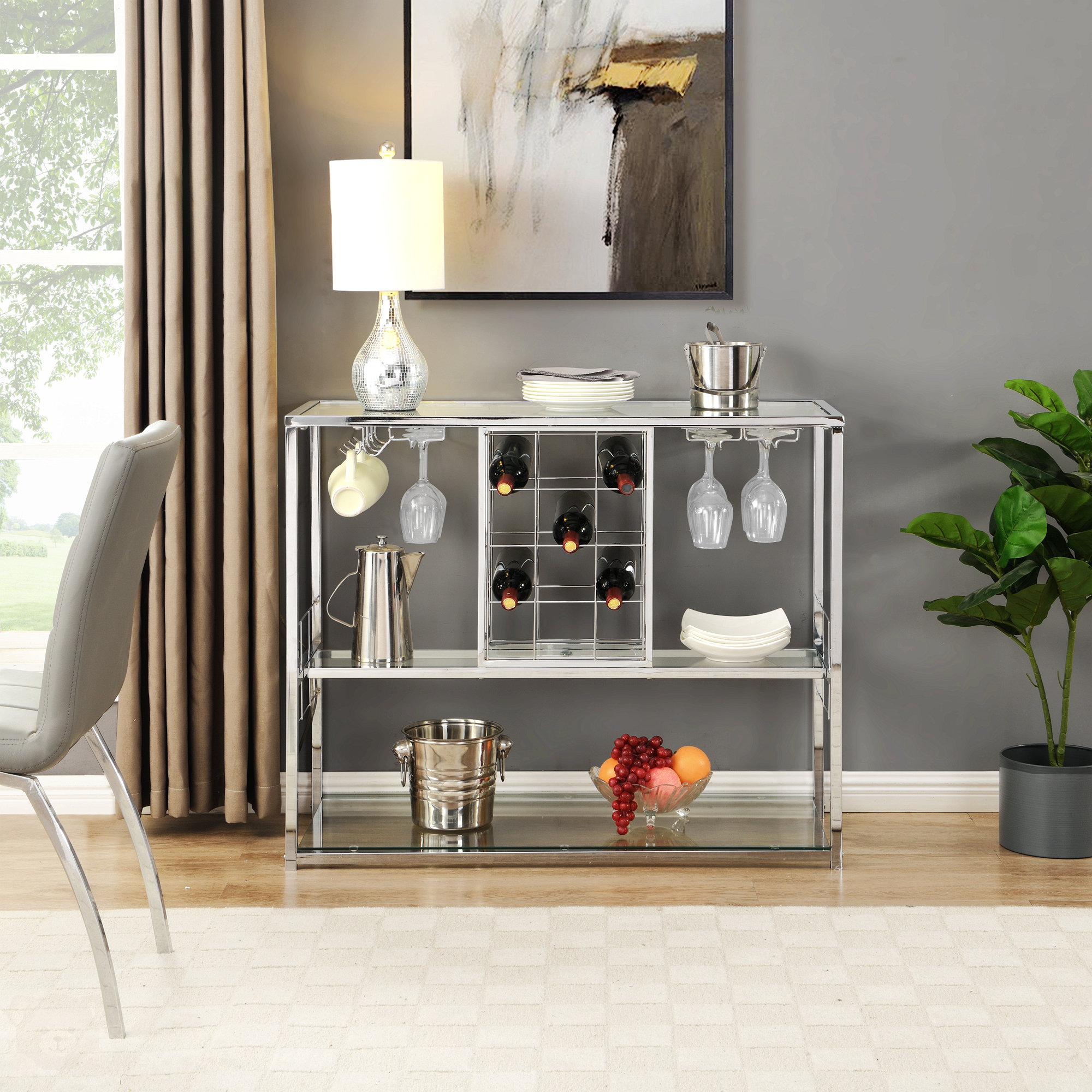 Wrought Studio™ Chrome Wine Rack with 3 Tempered Shelves, Server ...