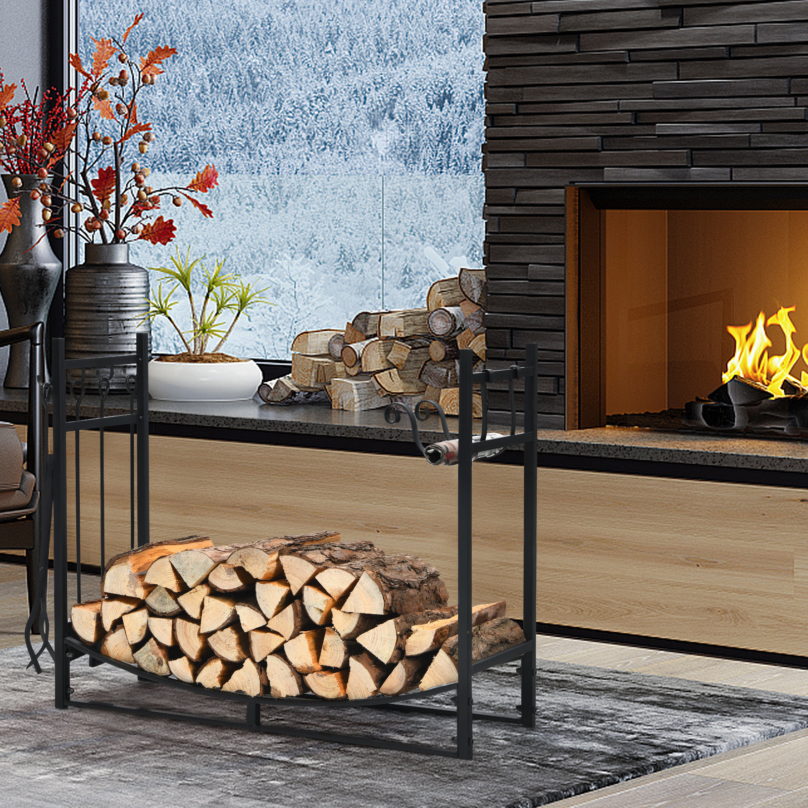 Red Barrel Studio® 36'' Fireplace Log Rack W/ 4 Tool Set Kindling ...