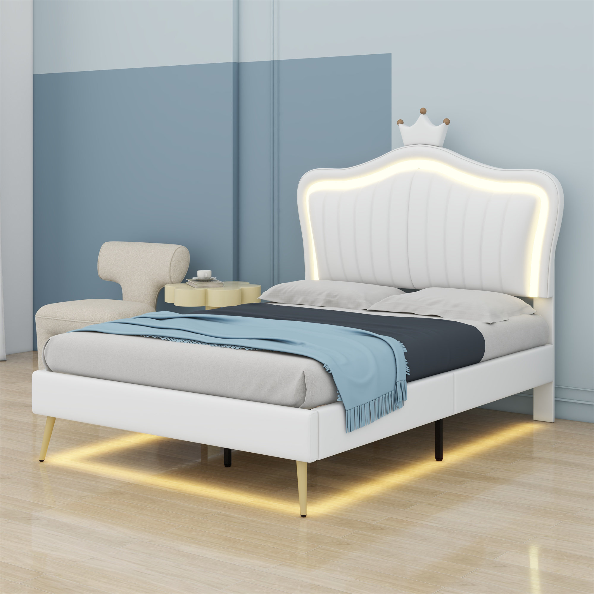 Gemma Violet Upholstered Princess Bed With Crown Headboard And LED ...
