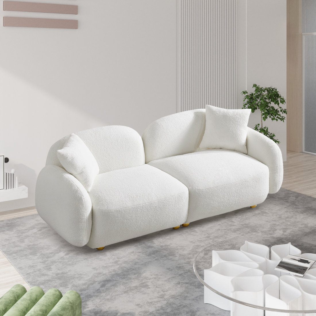 Mercer41 Modern Sofa 77.95" Cozy Teddy Fabric Sofa Luxurious Plush ...