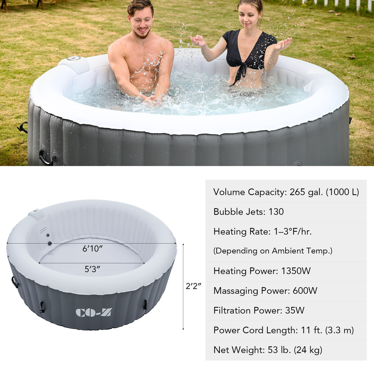 CO-Z 6 - Person 130 - Jet Vinyl Inflatable Hot Tub & Reviews - Wayfair ...