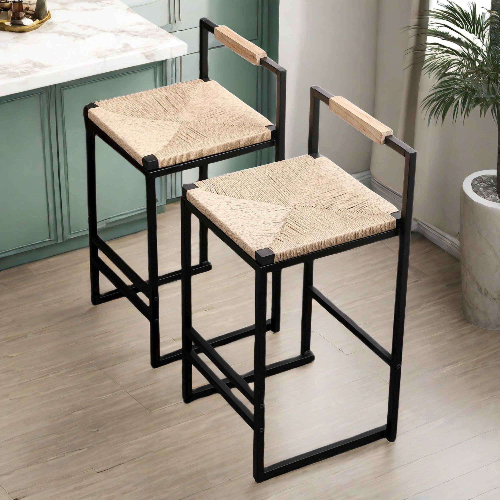 17 Stories Eglantier Paper Rope Weave Bar Stools with Backrest and ...