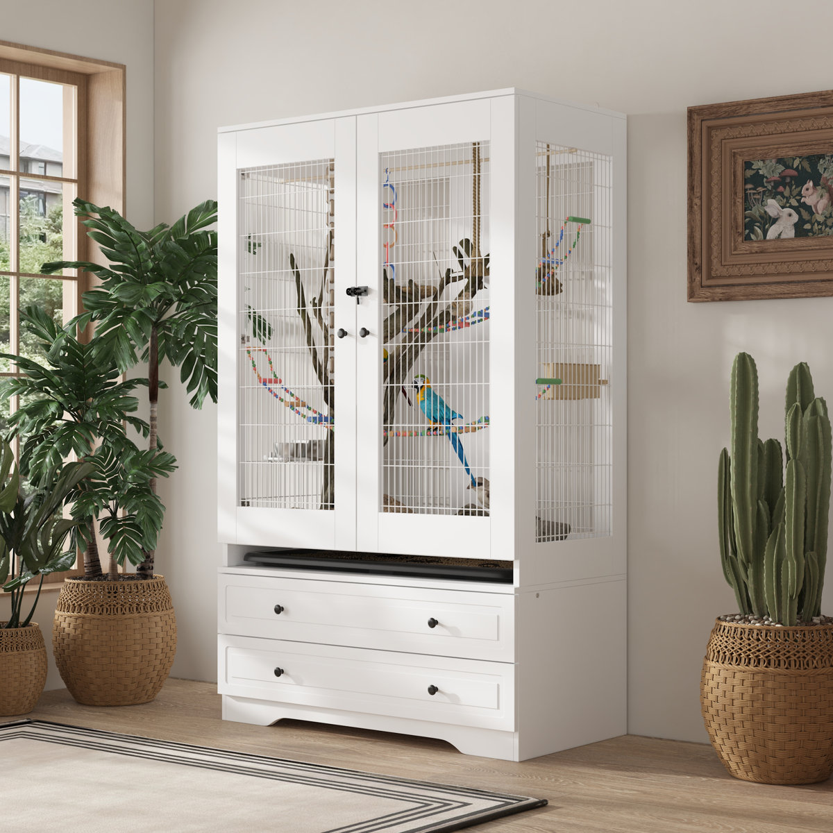 Latitude Run® White Large Floor Bird Cage with Removable Tray, Gridded ...